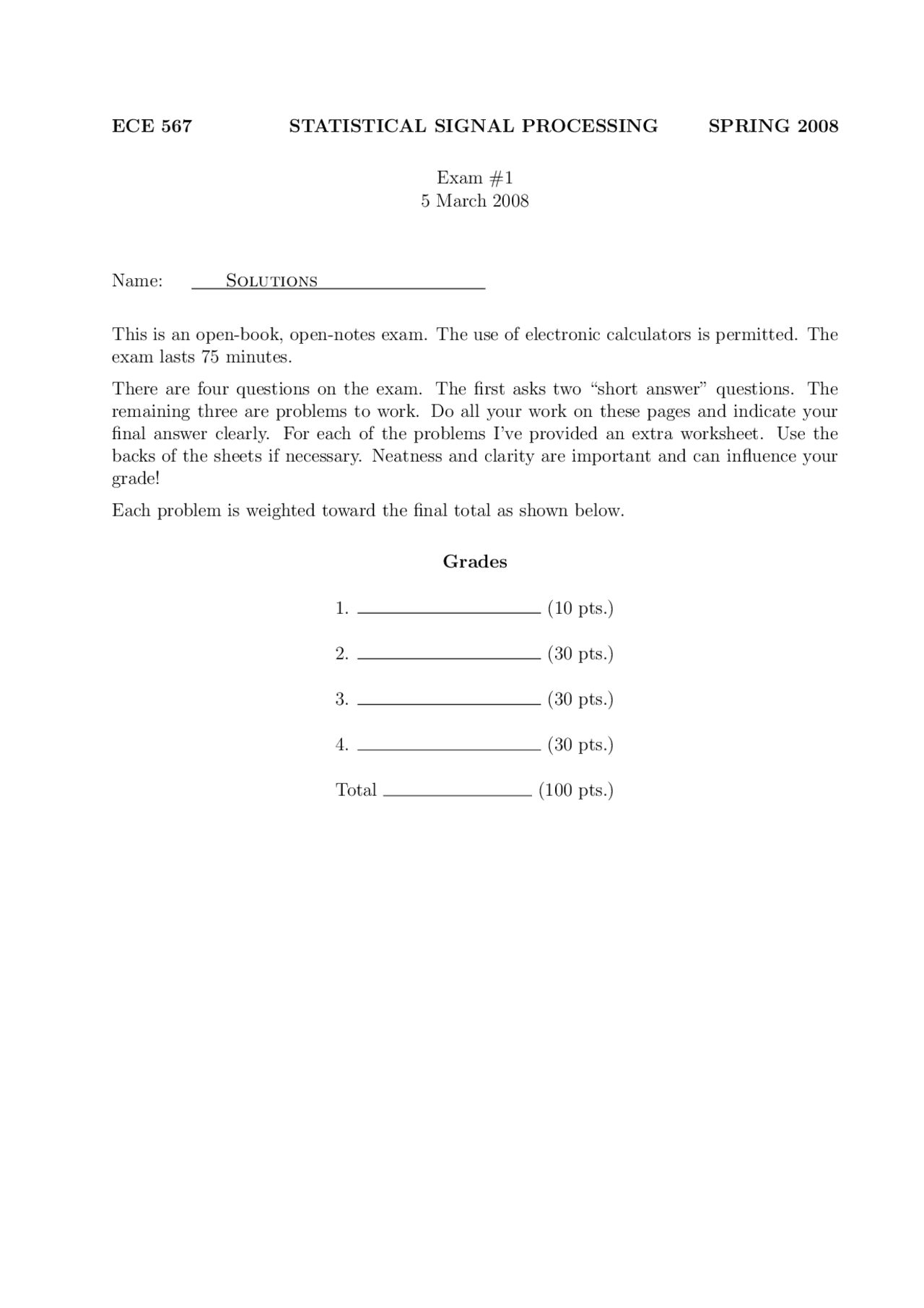 4 Questions On Statistical Signal Processing With Solutions Exam 1