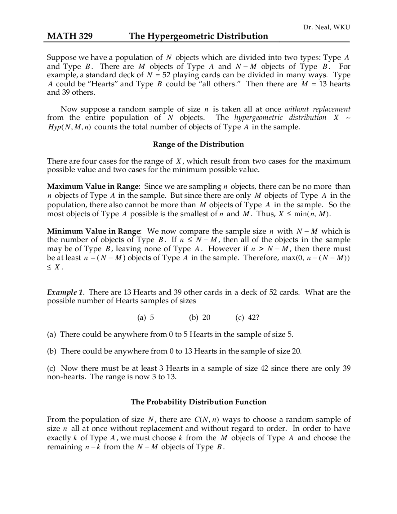 The Hypergeometric Distribution Lecture Notes Math 329 Docsity