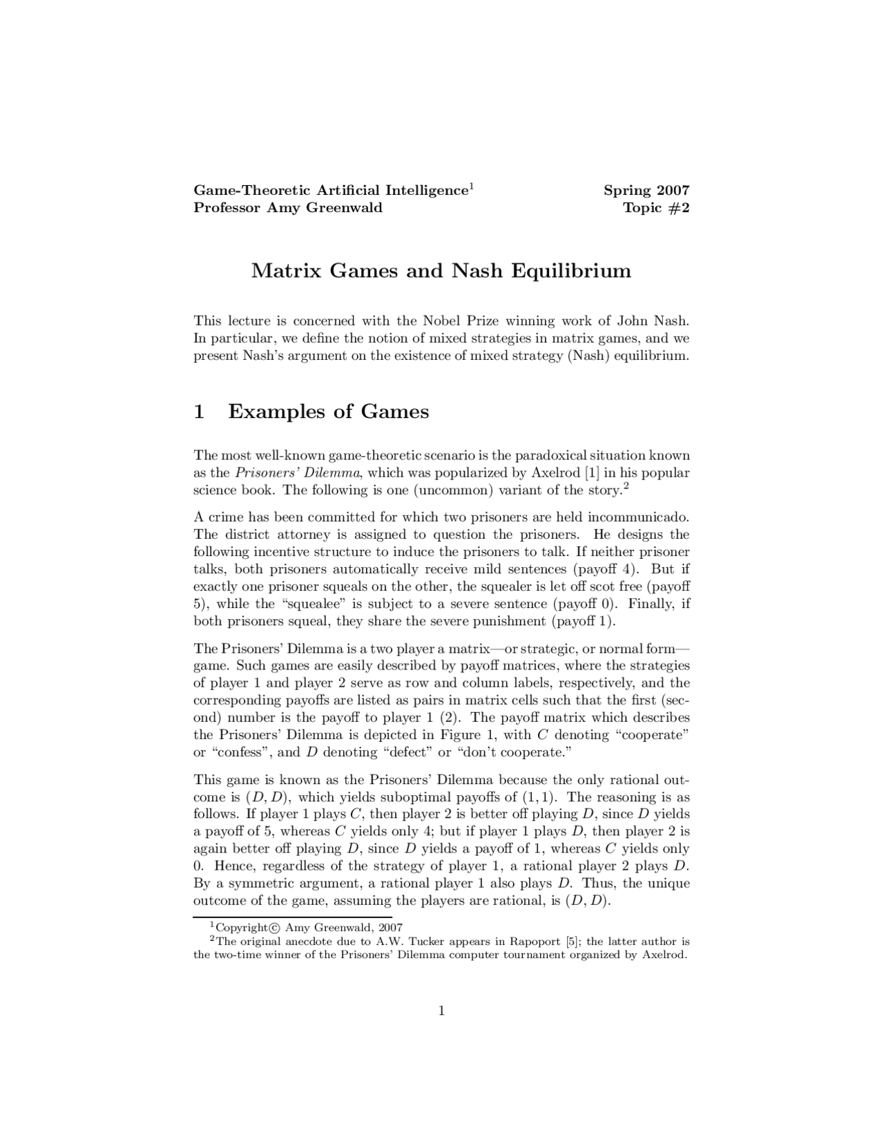 Lecture Notes On Matrix Games And Nash Equilibrium Csci Xlist Docsity