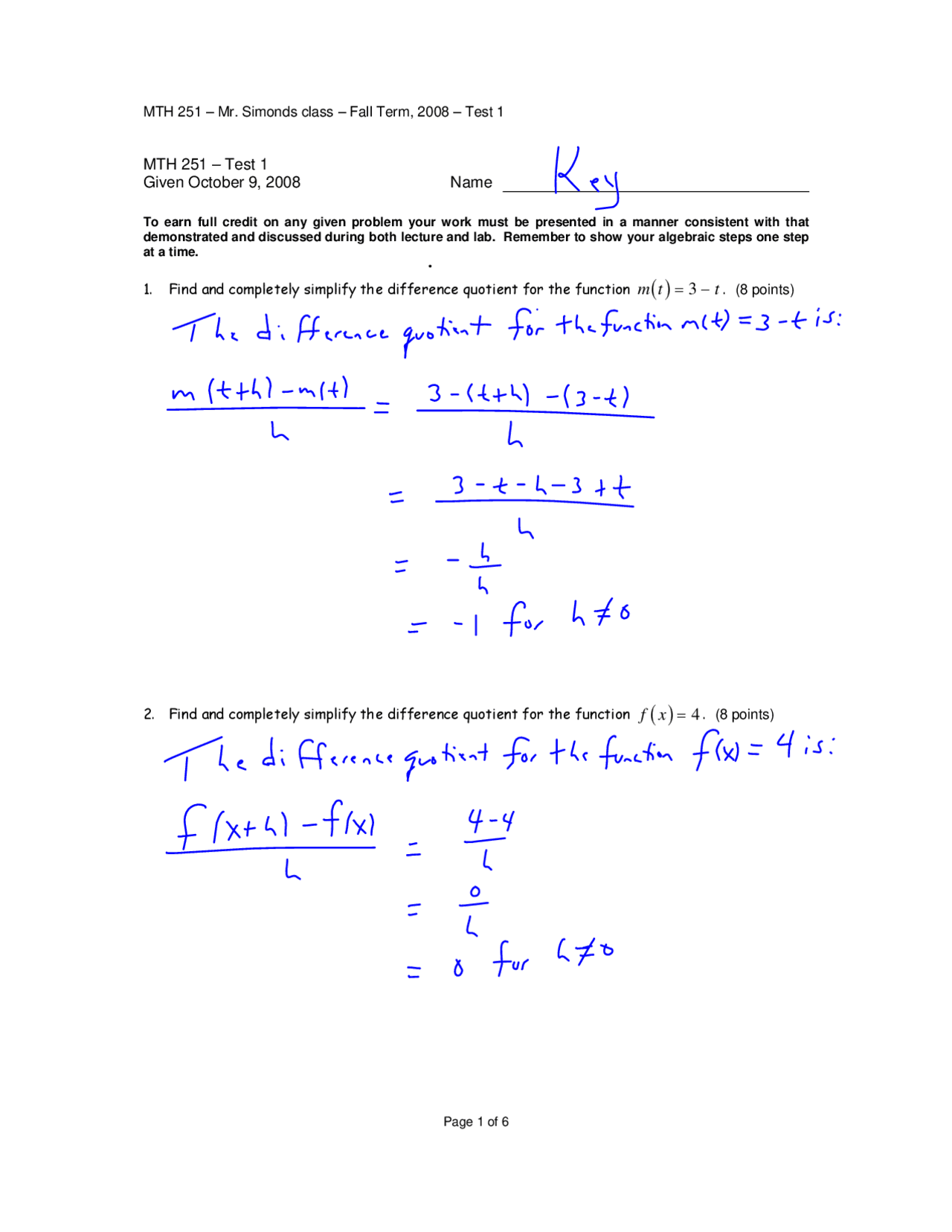 Solution Key To Exam Calculus I Mth 251 Docsity