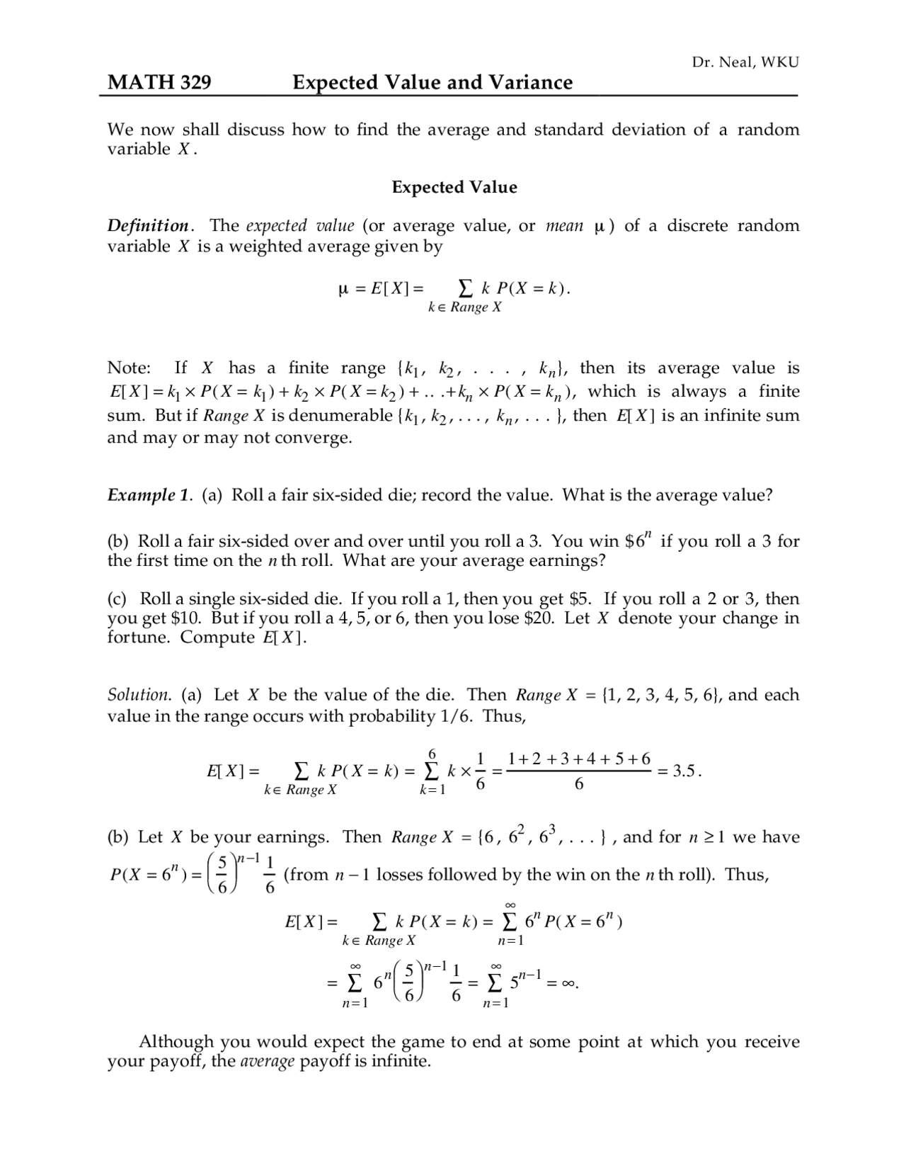 Expected Value And Variance Lecture Notes Math 329 Docsity