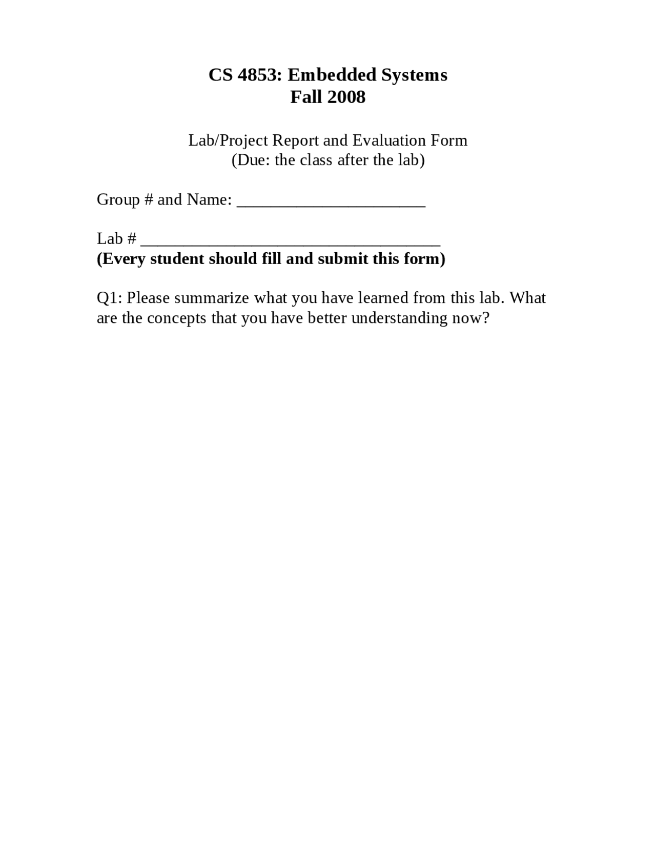 Project Evolution Form on Embedded Systems | CS 4833 - Docsity
