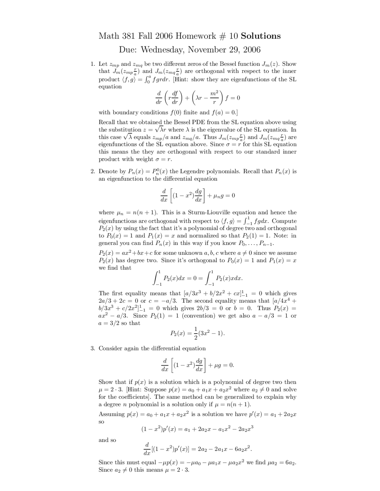 3 Questions With Solutions Fall 2006 In Assignment 10 Math 381 Assignments Differential