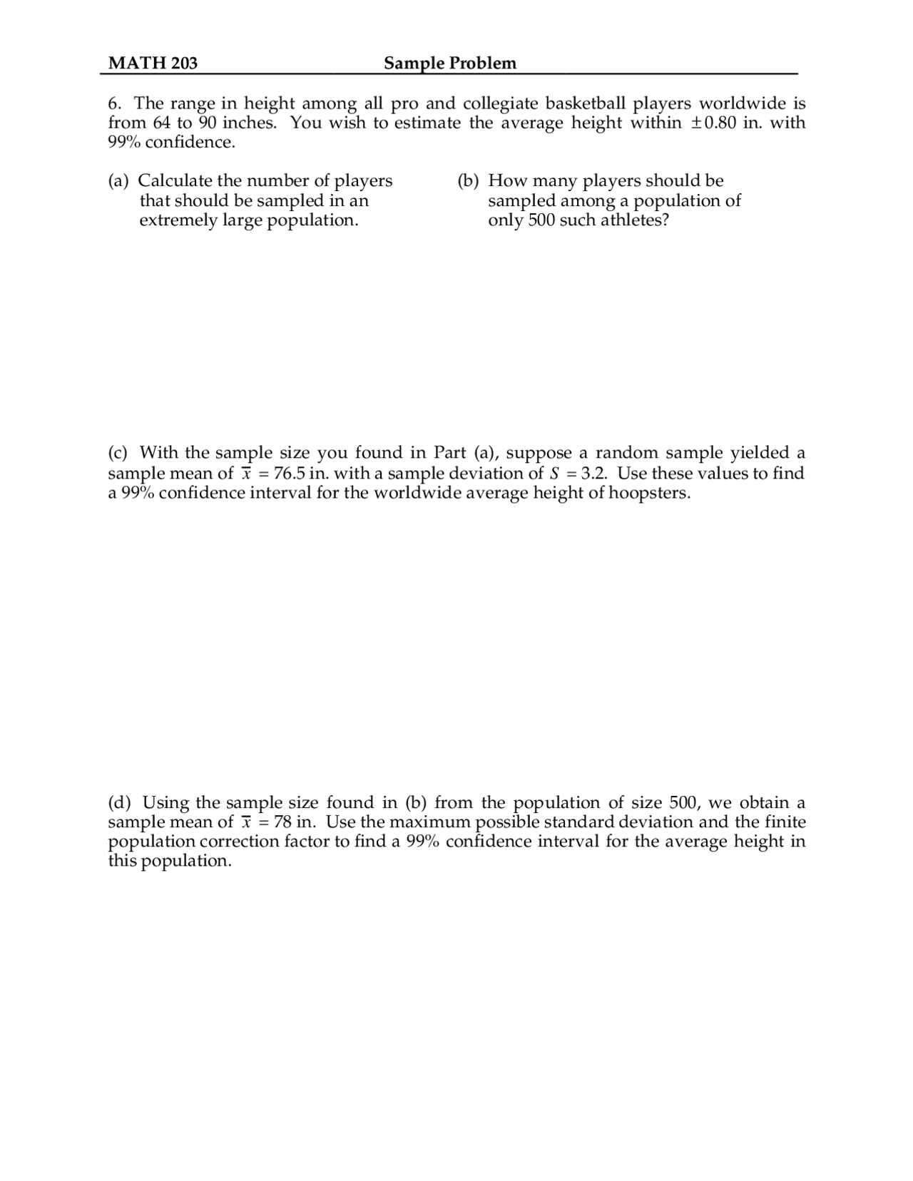 Assignment Sample Problems Statistics Math 203 Docsity