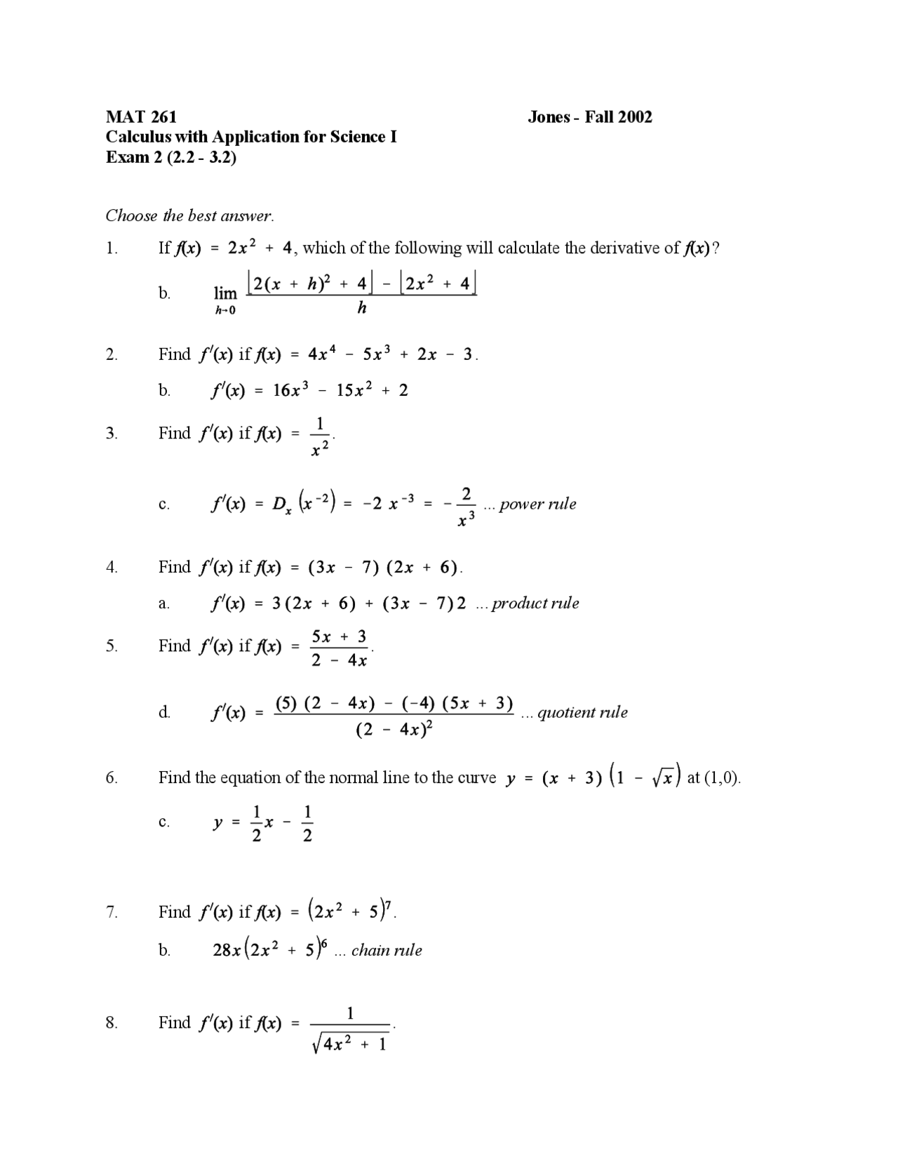 20 Questions for Exam 2 - Calculus with Application for Science I | MAT ...