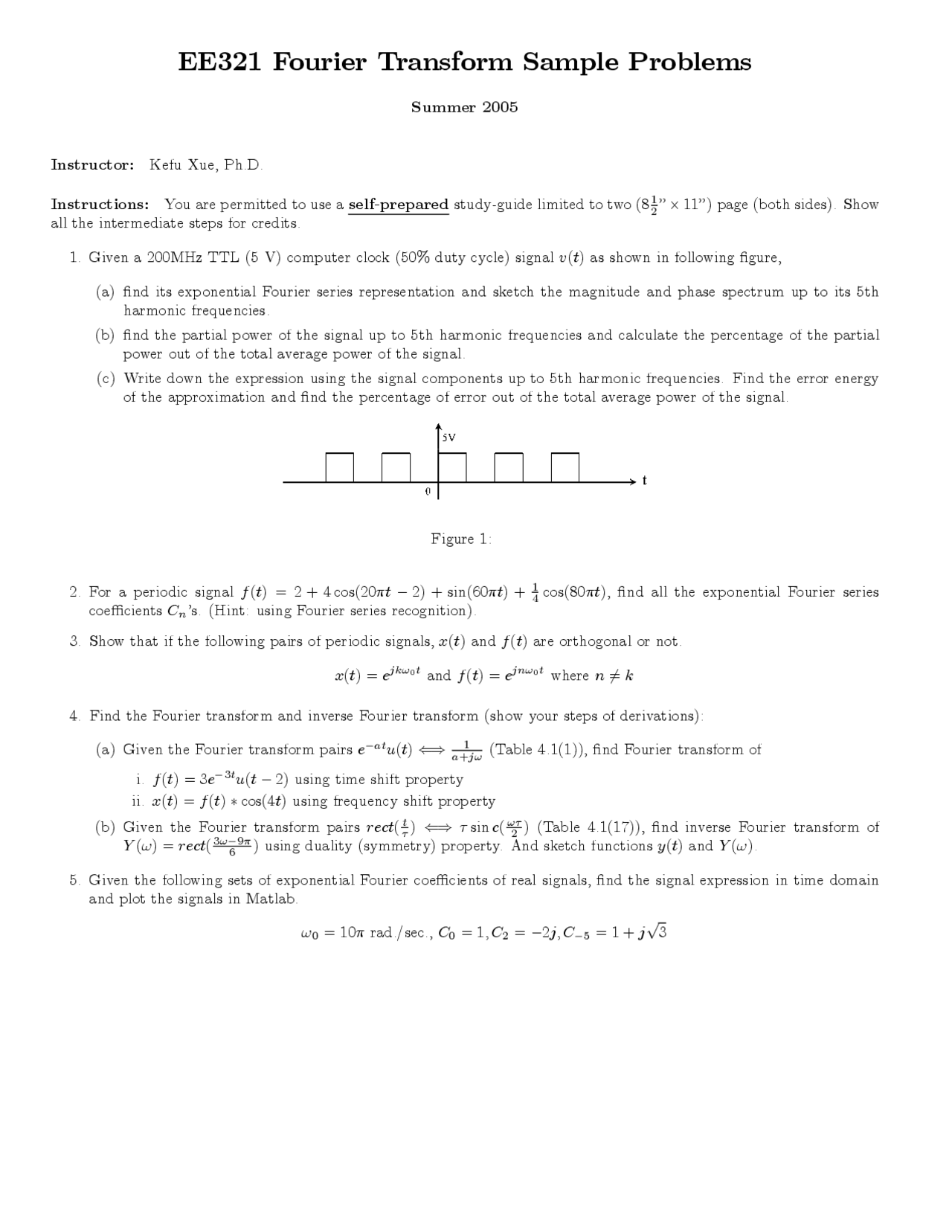 Fourier Transform Sample Problems Summer 2005 Ee 321 Docsity