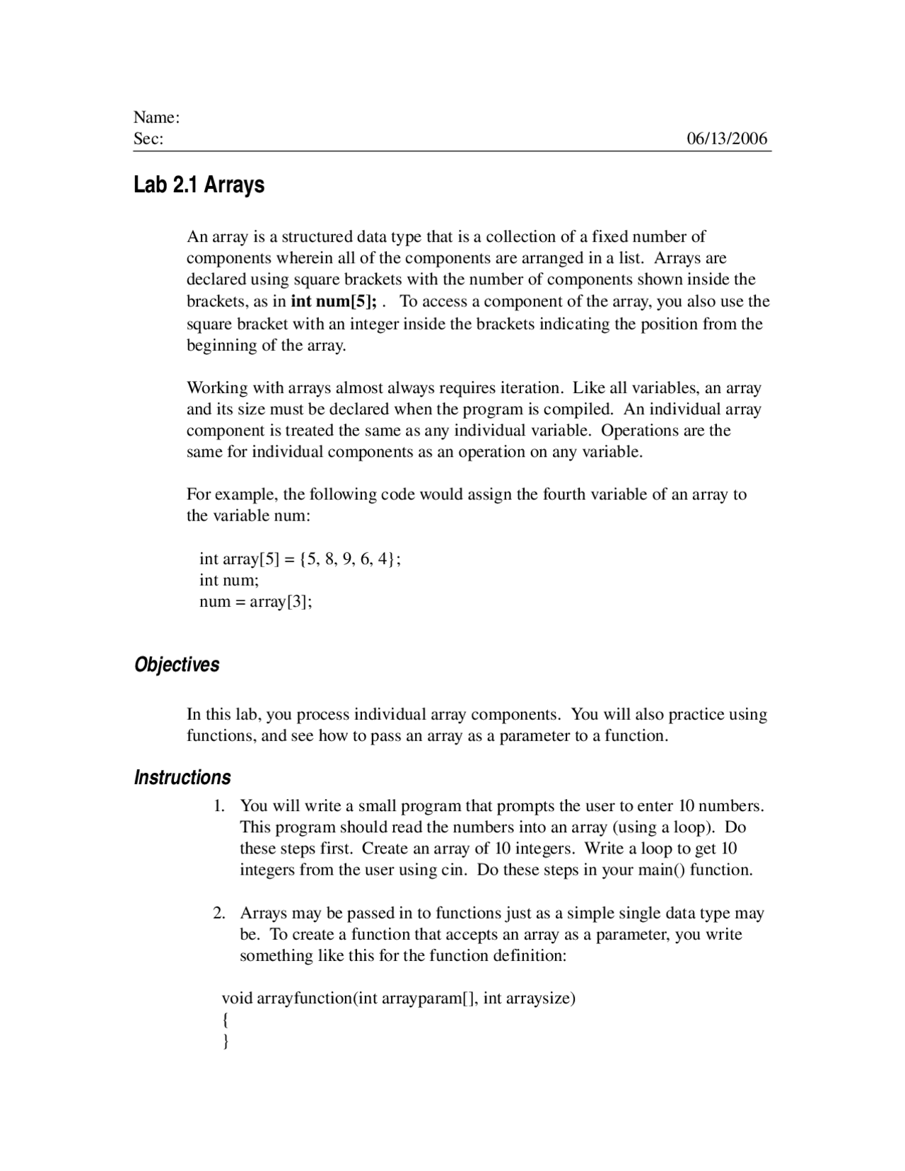 Arrays Programming Fundamentals Ii Lab Csci 152 Docsity