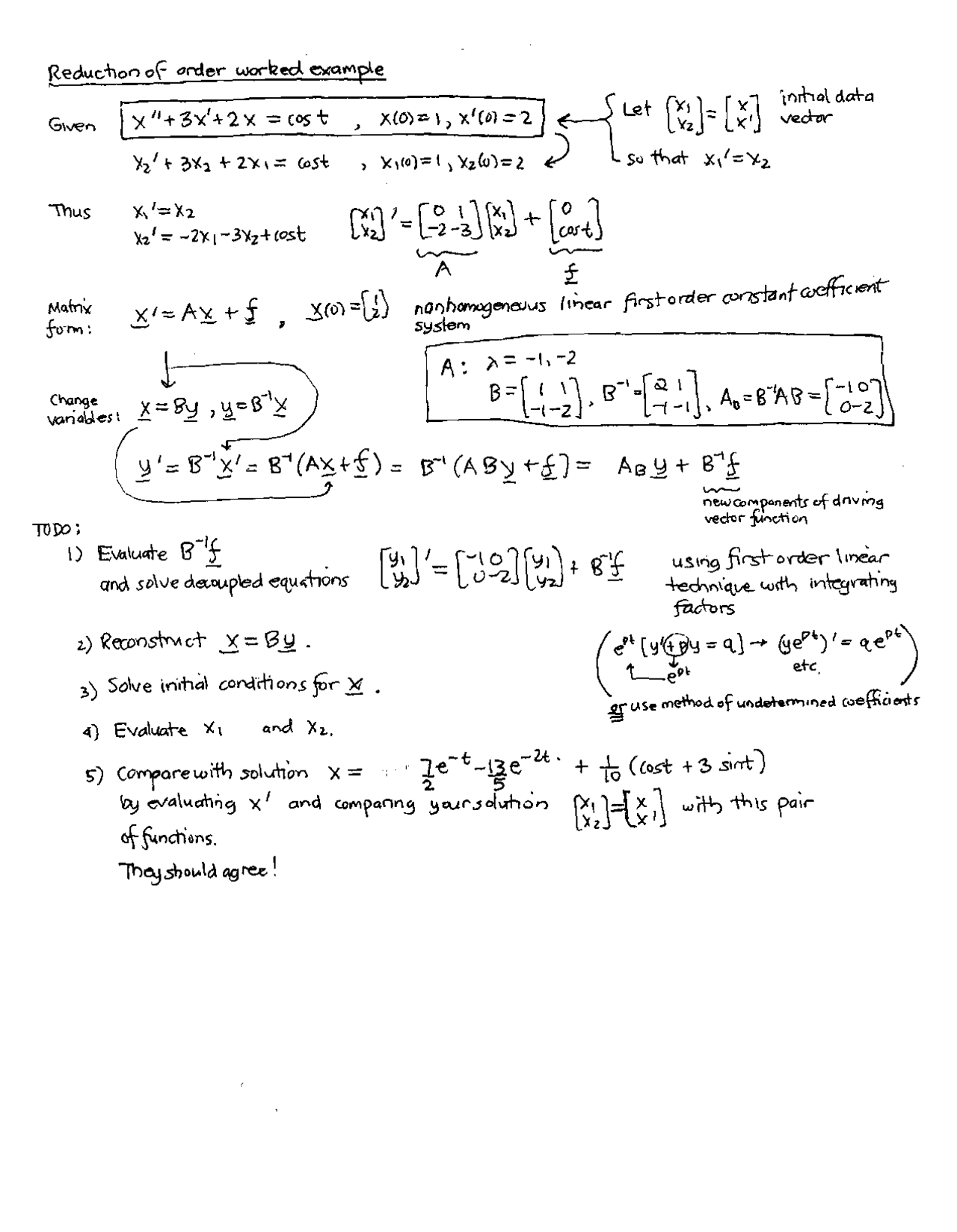 Handwritten Notes on Reduction of Order Worked Example | MAT 2705 - Docsity