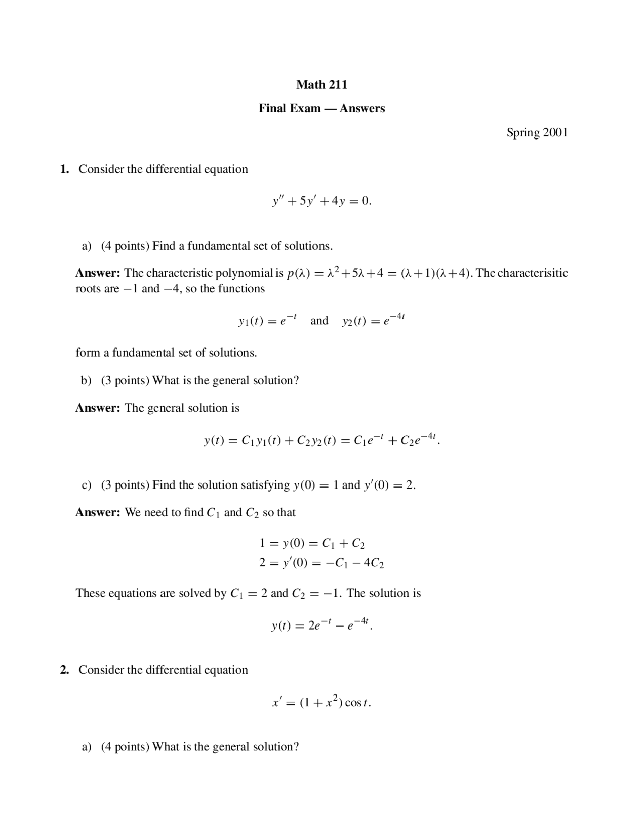 7 Solved Questions On Ordinary Differential Equations Exam 1 Math