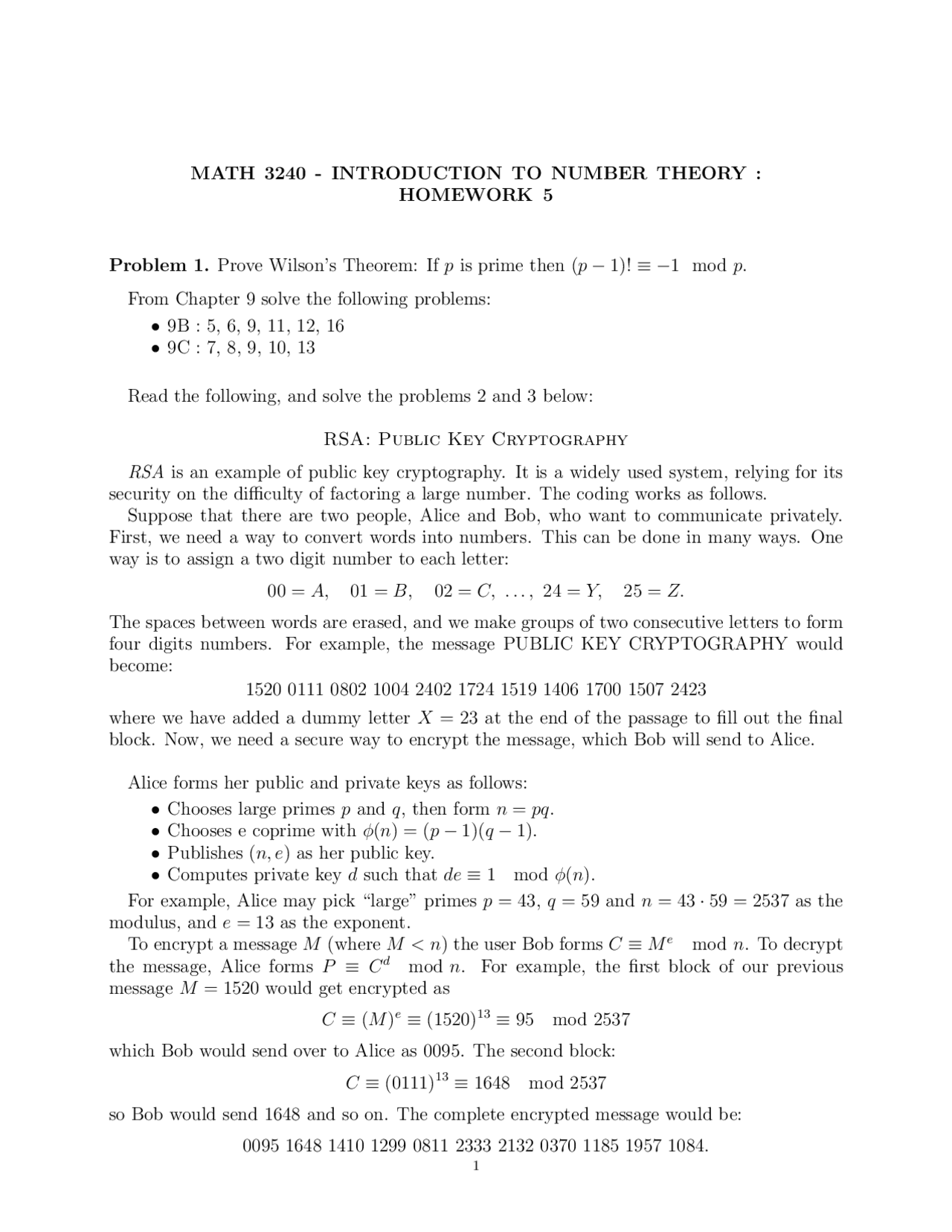 Introduction To Number Theory Homework 5 Math 3240 Docsity