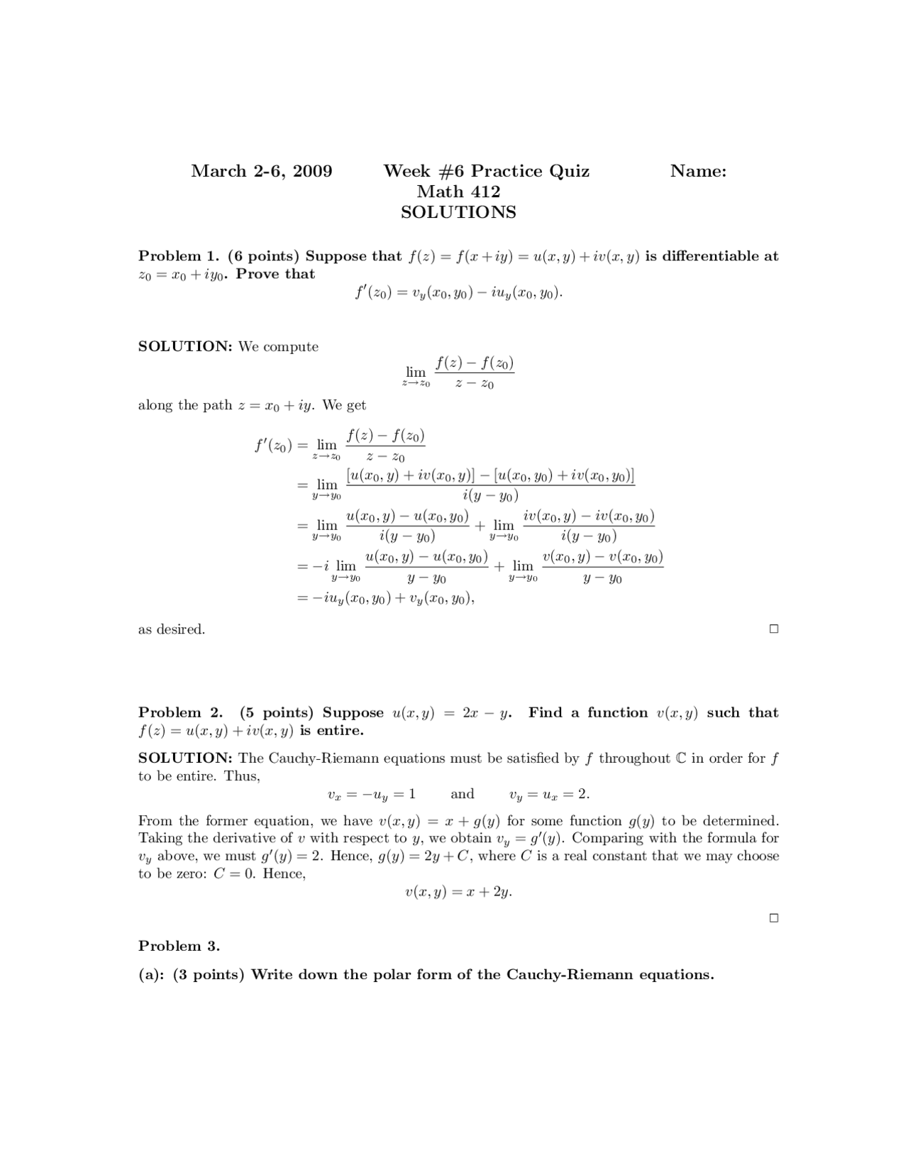 Solved Practice Quiz For Complex Analysis Fall 2009 Math 412 Docsity