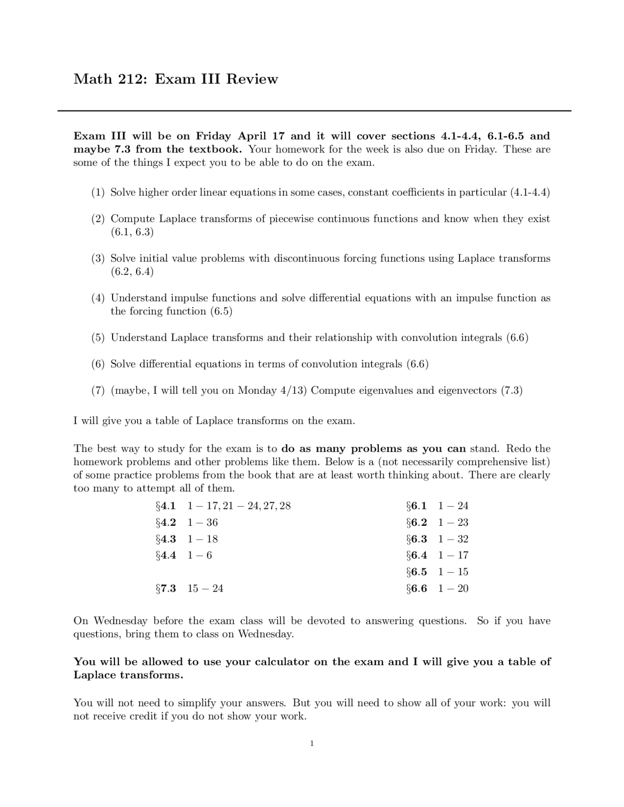 Past Exam 3 Review Sheet - Differential Equations | MATH 212 - Docsity