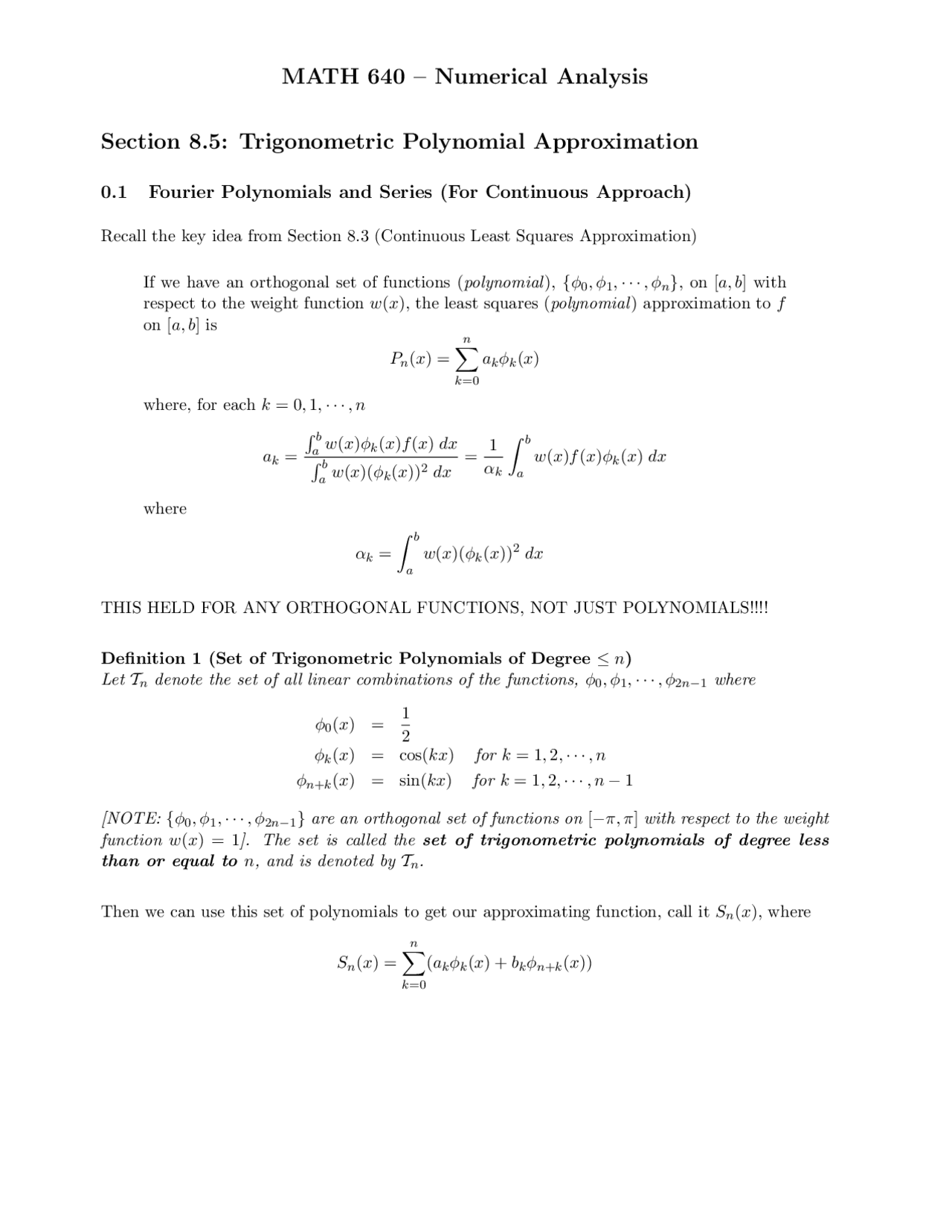 Trigonometric Polynomial Approximation Numerical Analysis Math 640 Docsity
