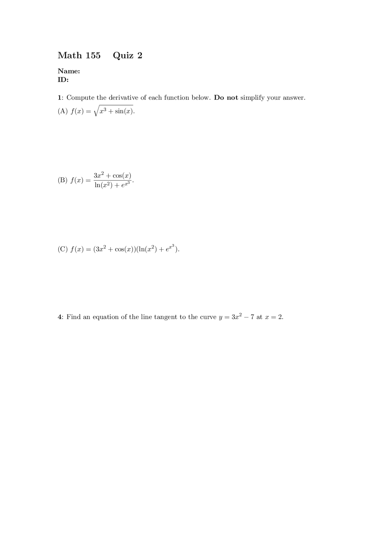 Math 155 Quiz 2 Solutions: Derivatives and Tangent Lines | Quizzes ...