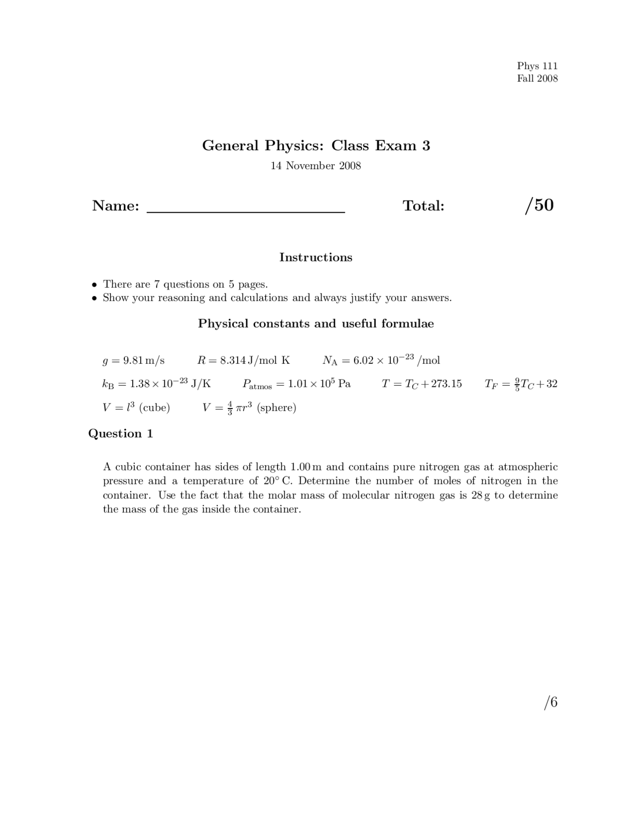 7 Questions For Exam 3 General Physics Phys 111 Docsity