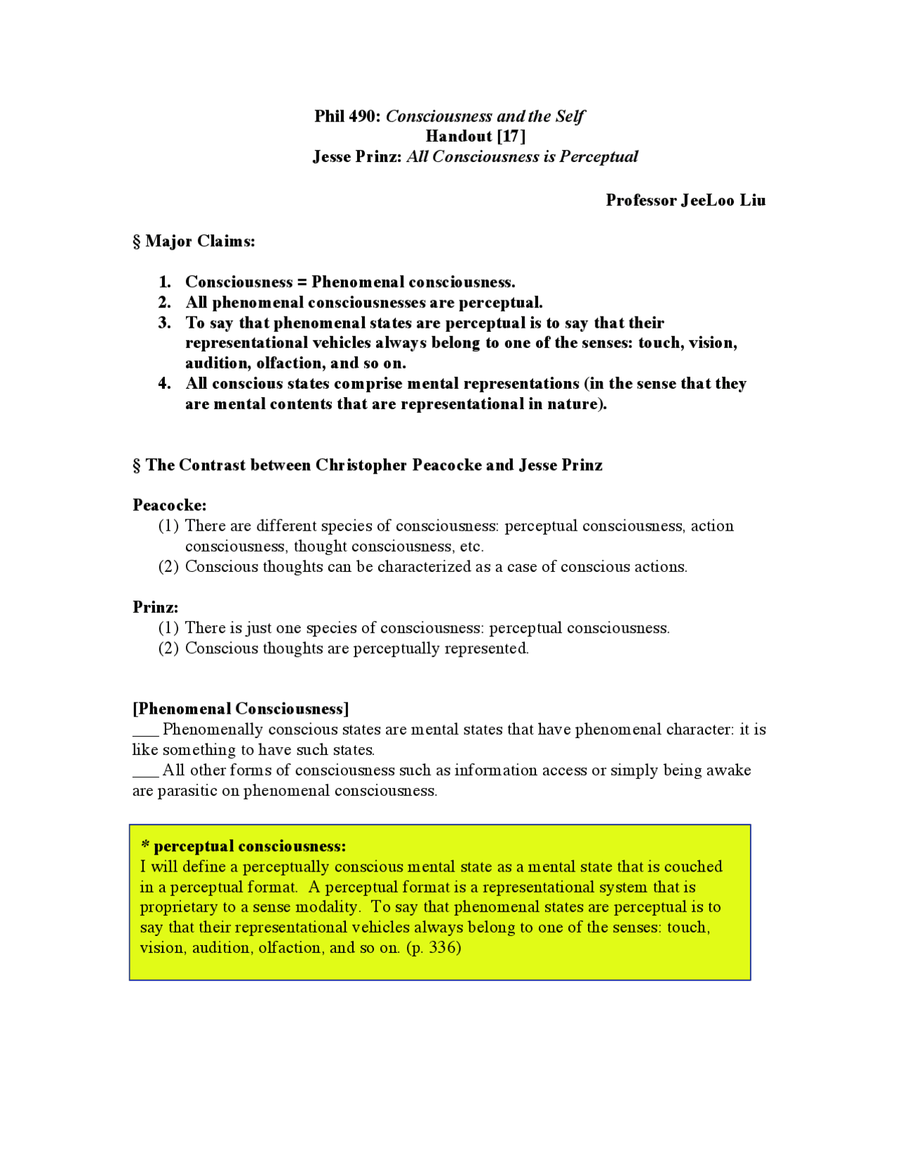 Jesse Prinz: All Consciousness is Perceptual - Exam | PHIL 490 - Docsity