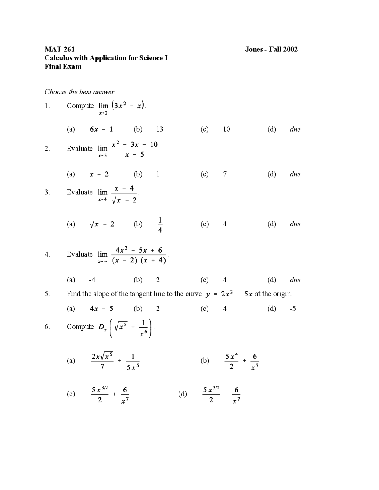 Calculus with Application for Science I - Final Exam | MAT 261 - Docsity