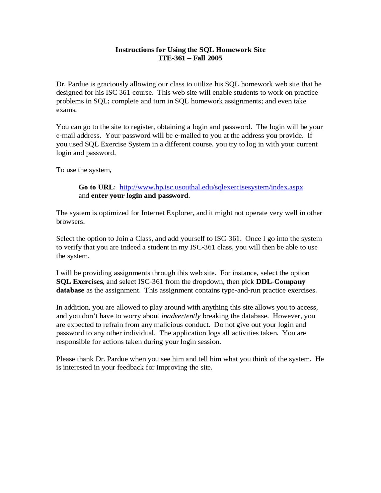 Instructions for Using SQL Homework Site for ITE-361 Fall 2005 | Study ...