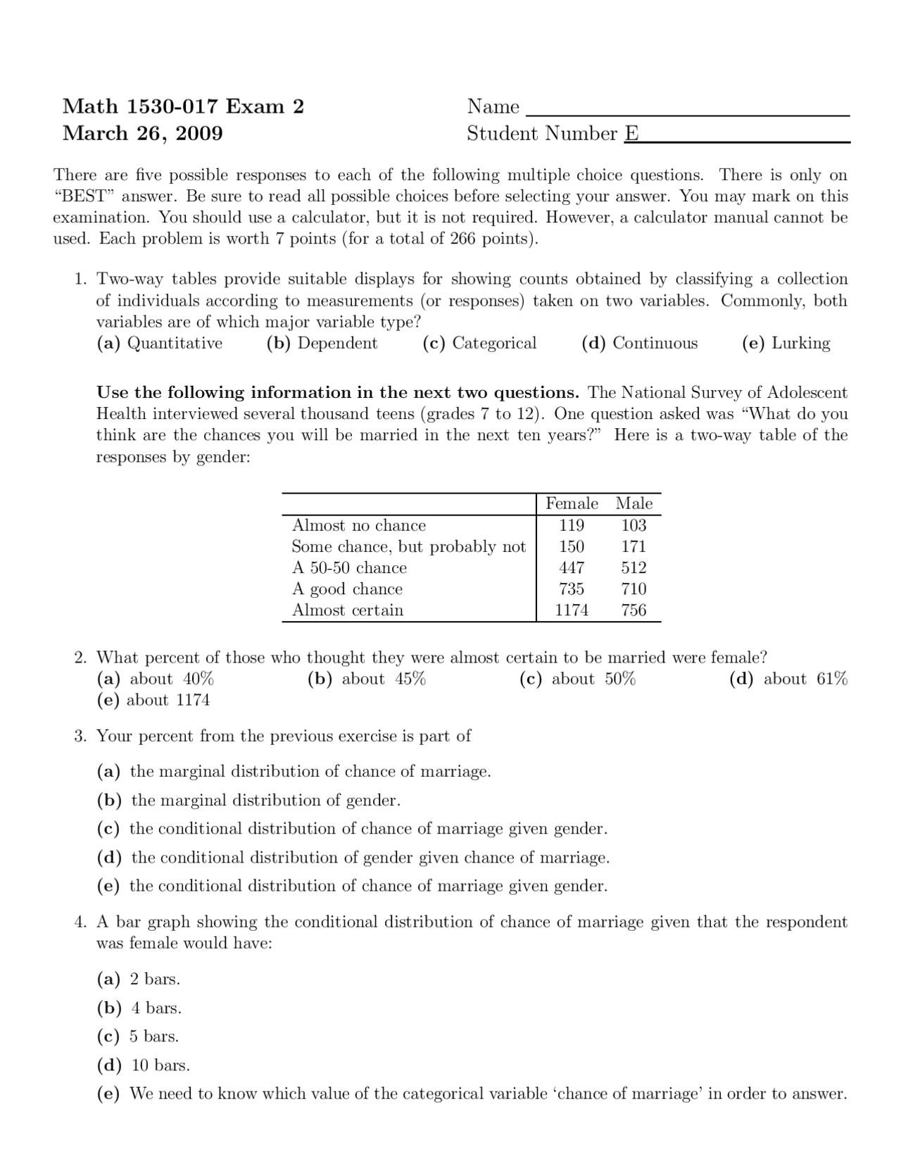 Exam 2 MCQs for Probability and Statistics Non Calculus | MATH 1530 ...