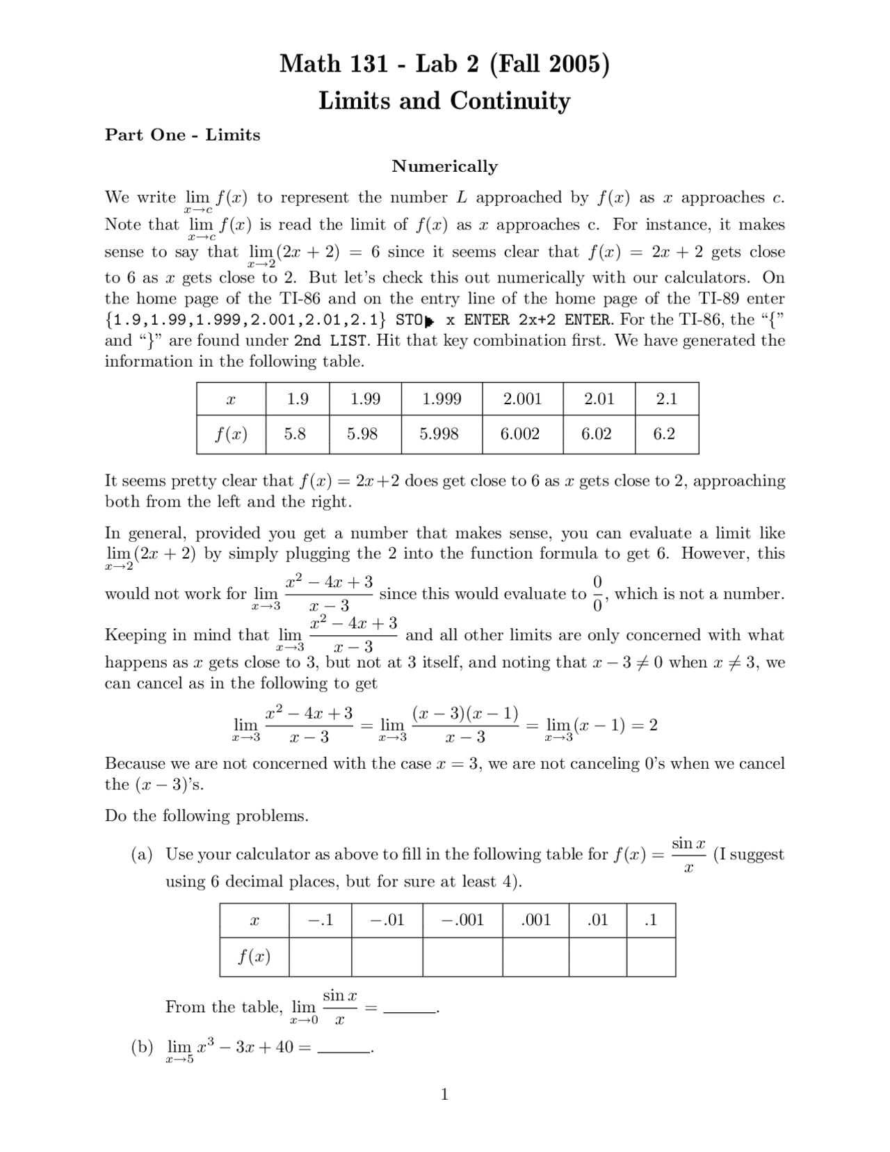 Lab 2: Limits and Continuity - Calculus I | MATH 131 - Docsity