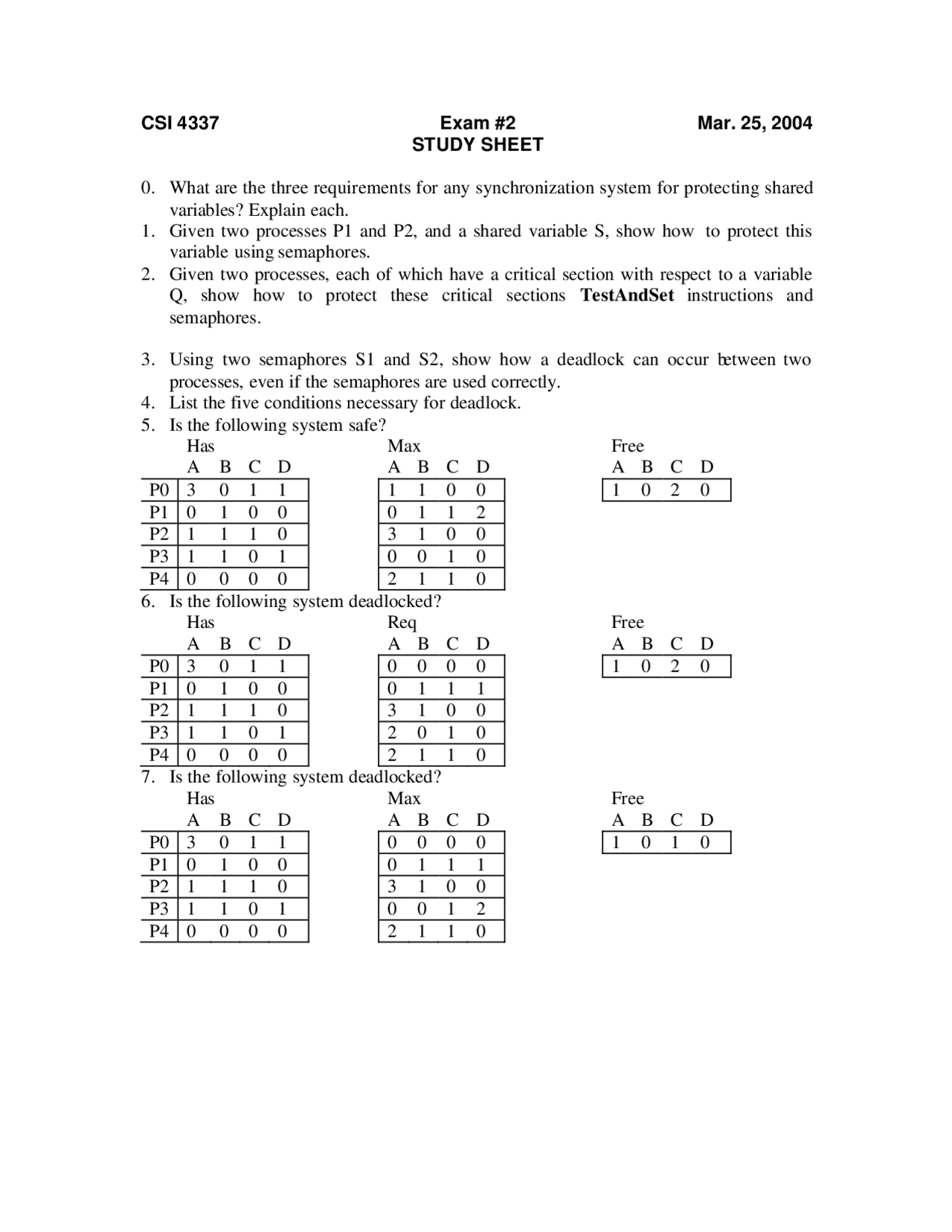 Exam Sheet For Csi 4337 Synchronization Systems And Semaphores Exams Operating Systems Docsity