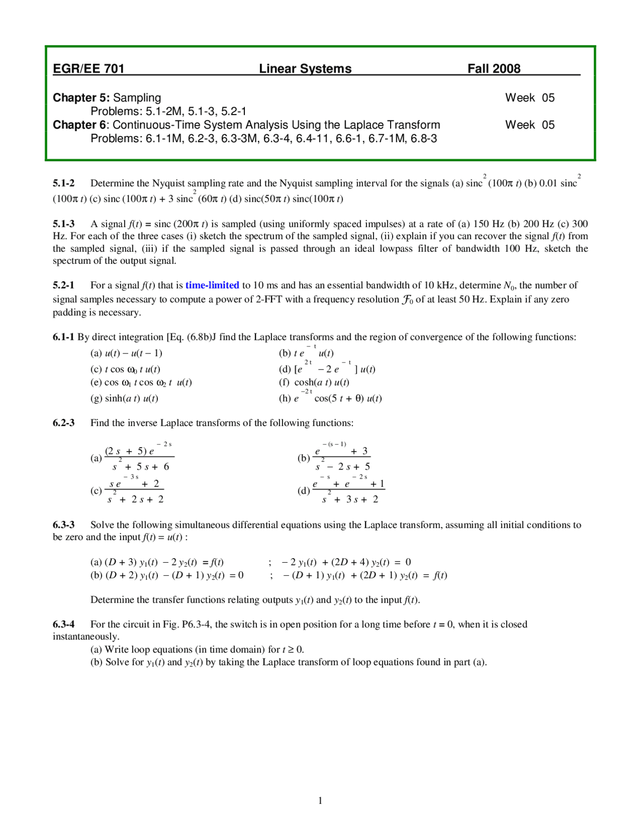 Sample Questions for Final Exam - Linear Systems | EE 701 | Exams Electrical and Electronics ...