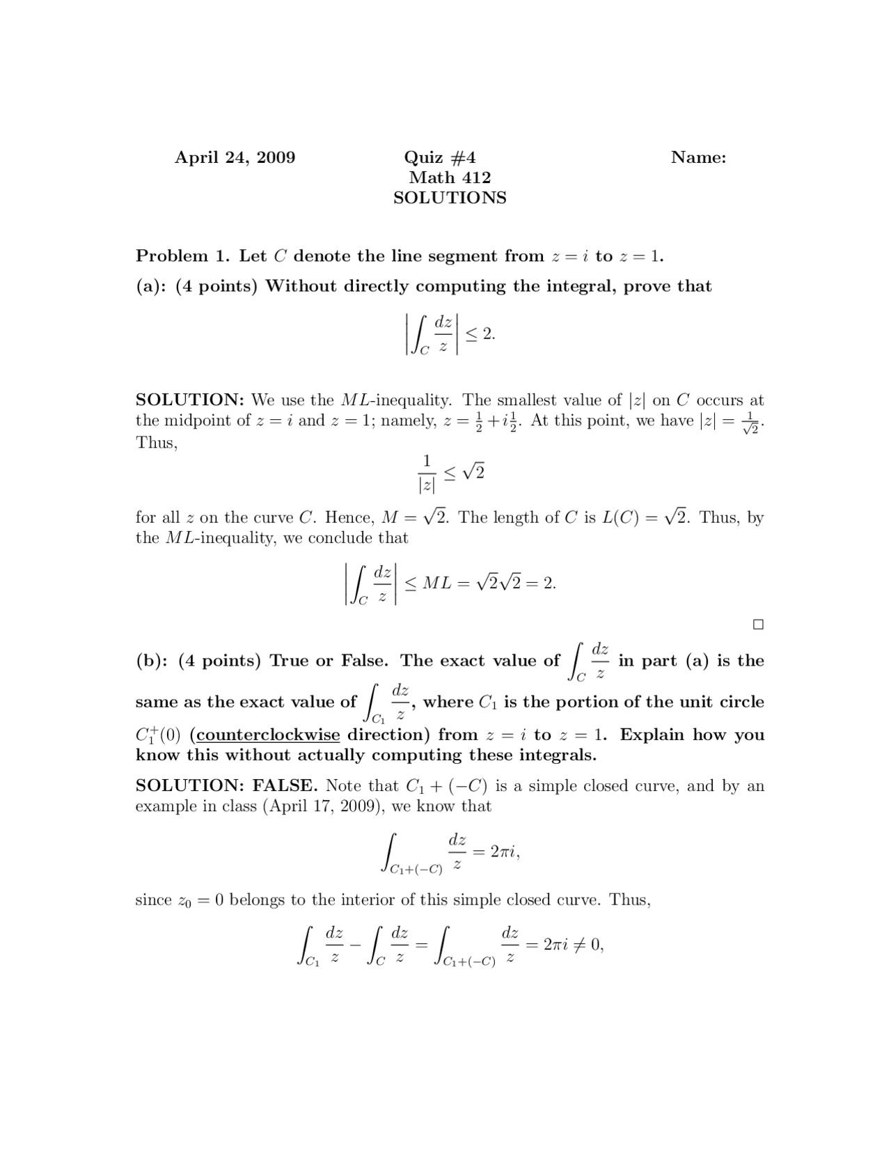 Solutions To Quiz 4 Complex Analysis Math 412 Docsity