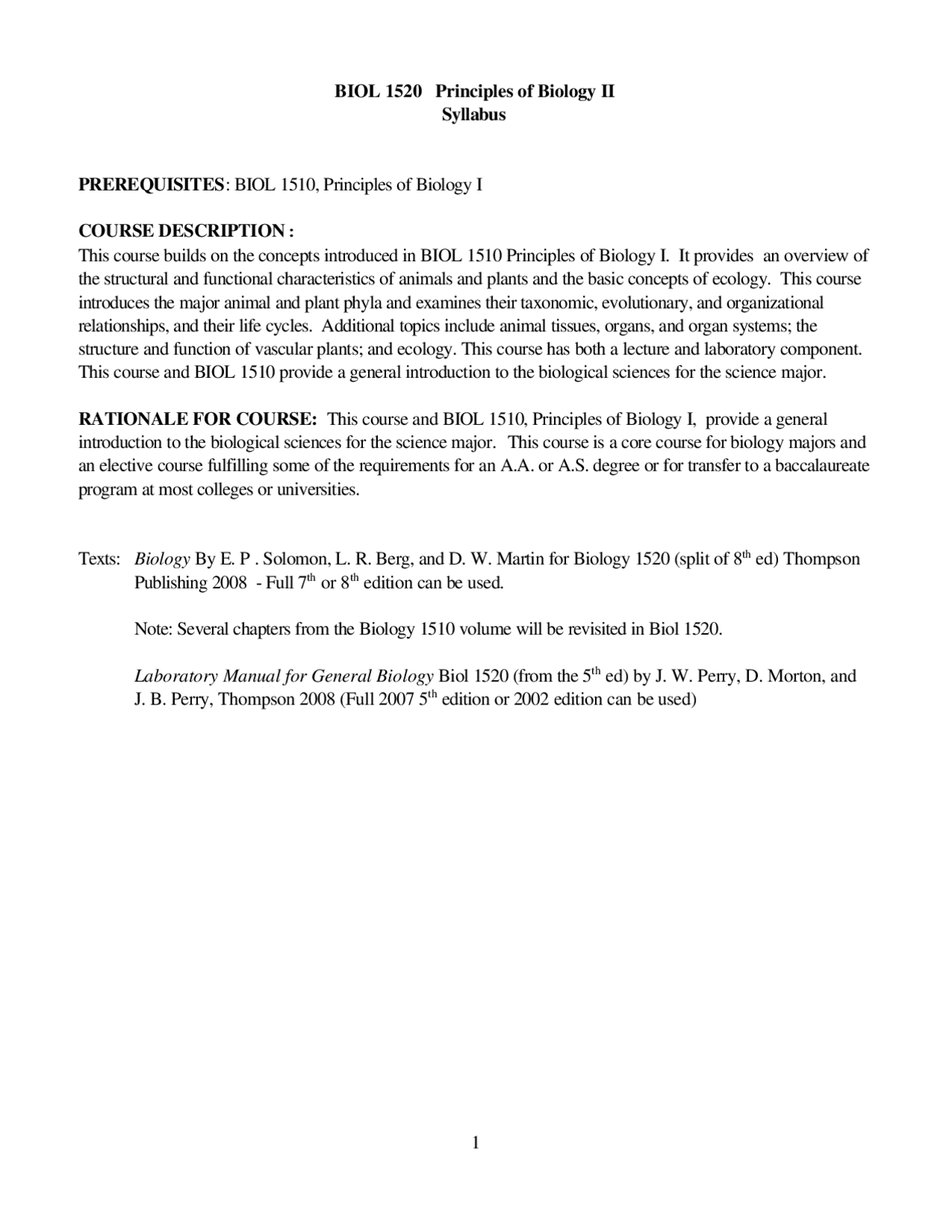 Course Syllabus - Principles of Biology II | BIOL 1520 - Docsity