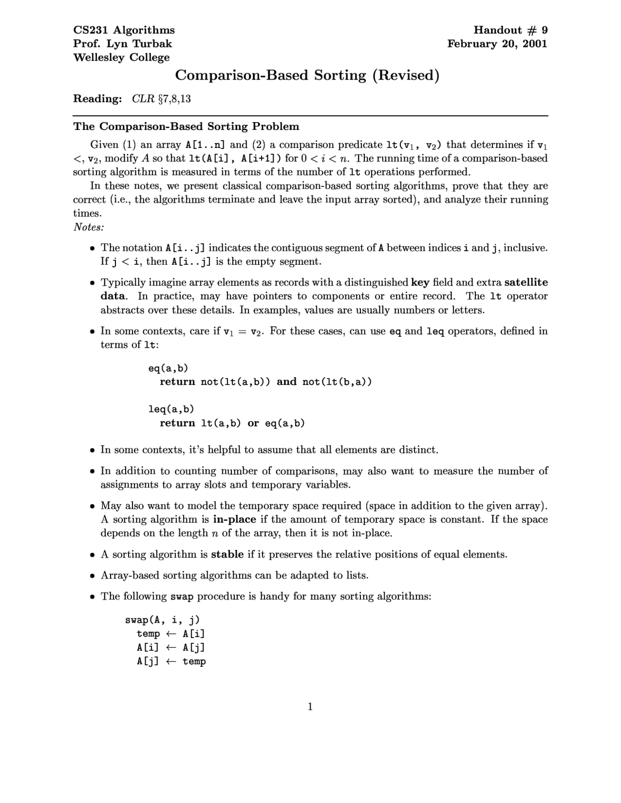 Comparison Based Sorting Handout Notes Cs 231 Docsity