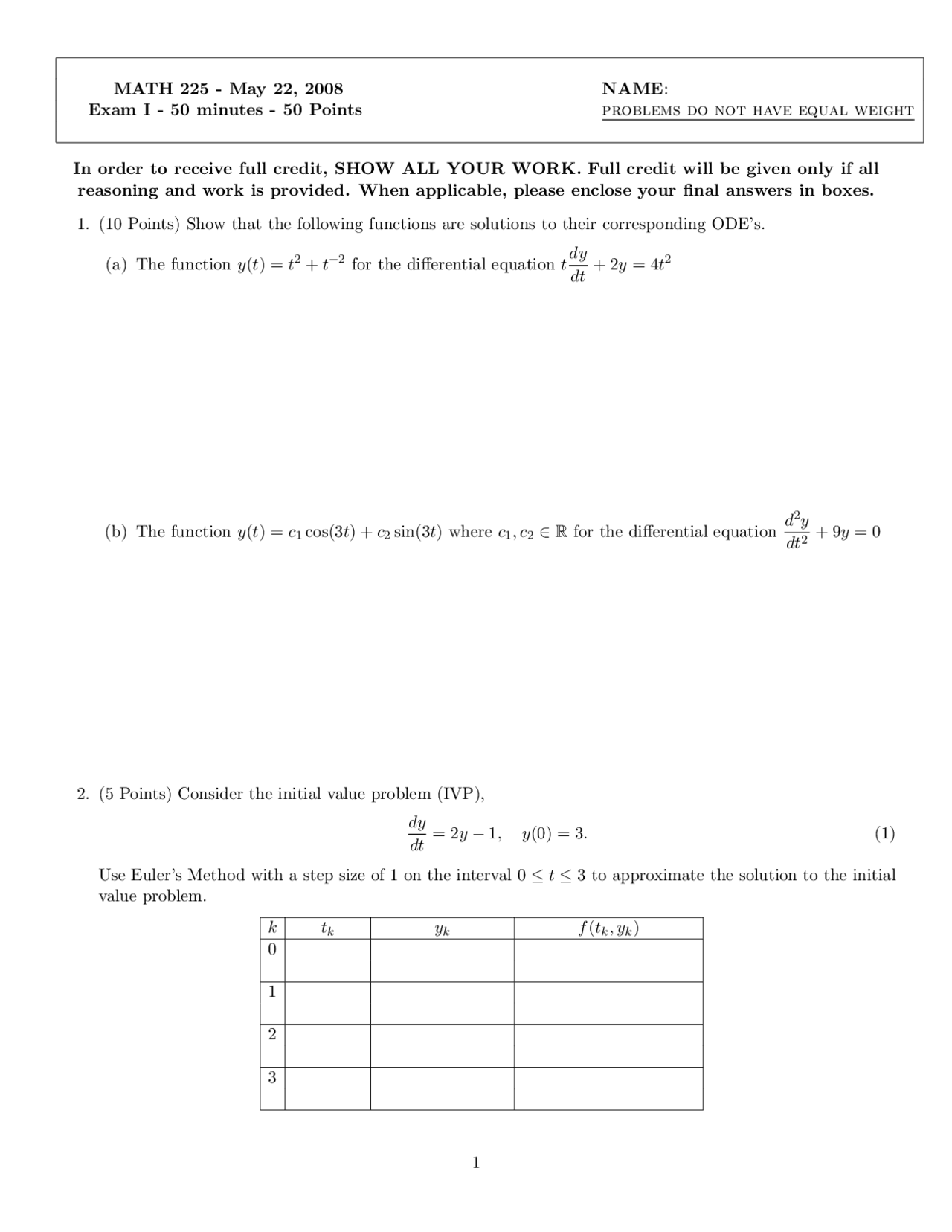 5 Problems On Differential Equations Examination Math 225 Docsity