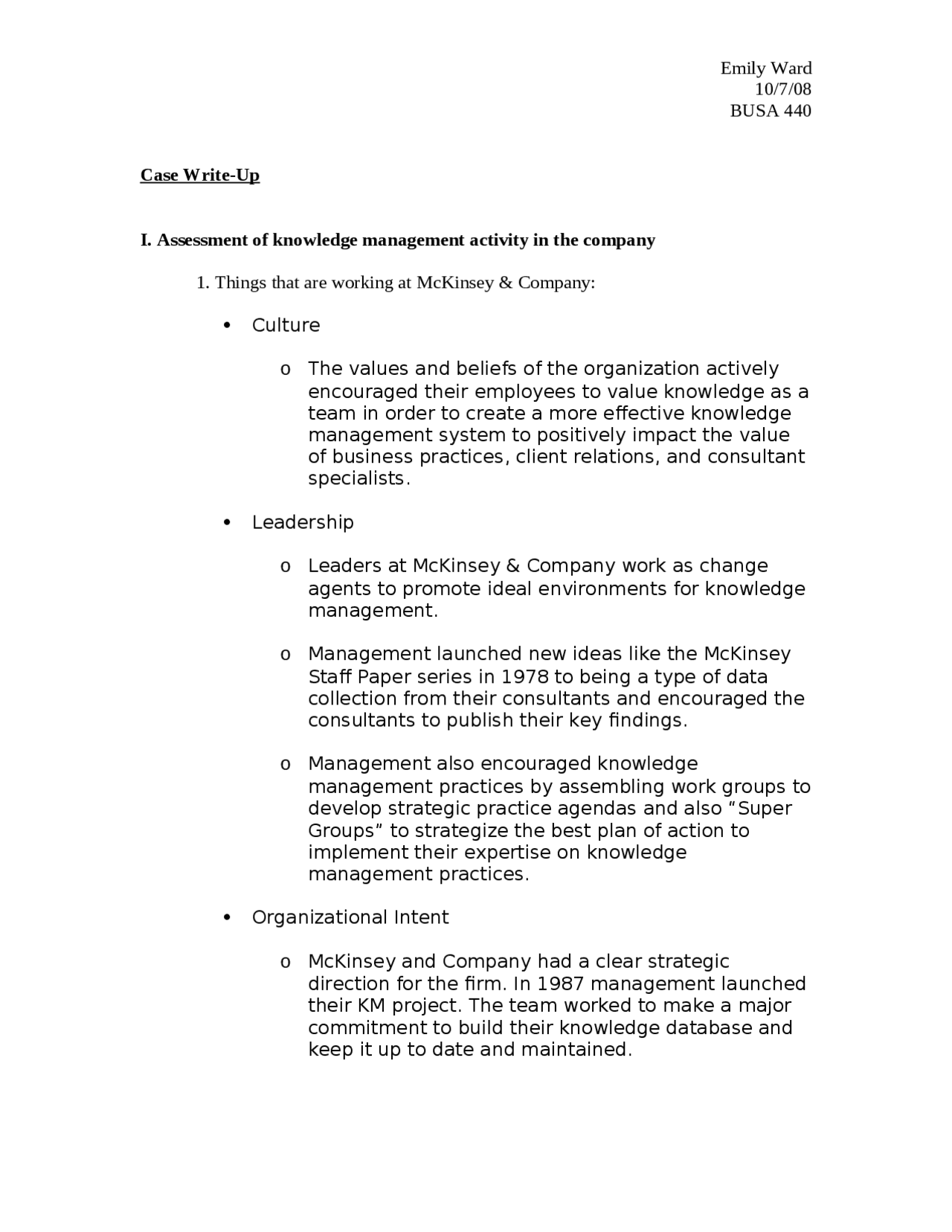 Case Write Up - Knowledge Management - Notes | BUSA 440 - Docsity