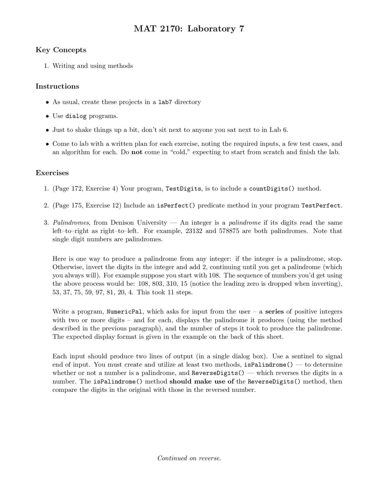 Writing and Using Methods - Lab #7 - Computer Science I | MAT 2170 | Lab Reports Computer ...