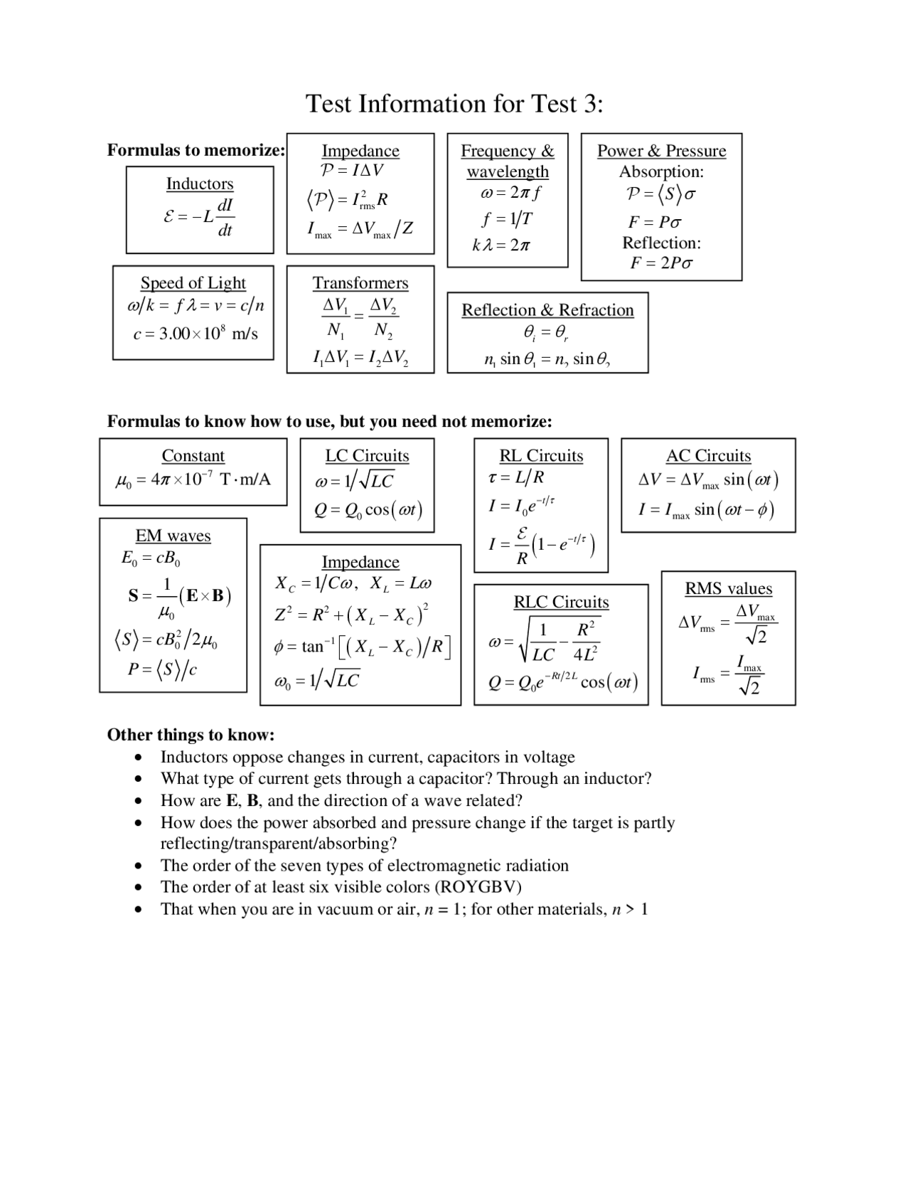 Test Information For Test 3 Review Sheet General Physics Ii Phy