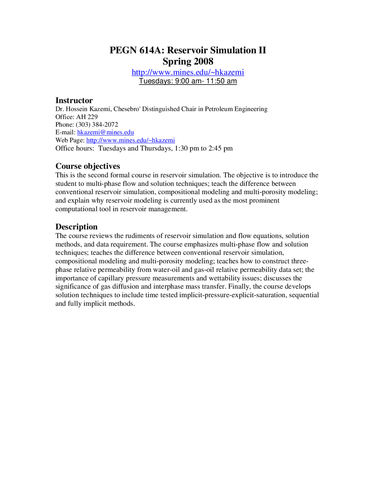 Reservoir Simulation 2 - Outline - Spring 2008 | PEGN 513 | Study notes ...
