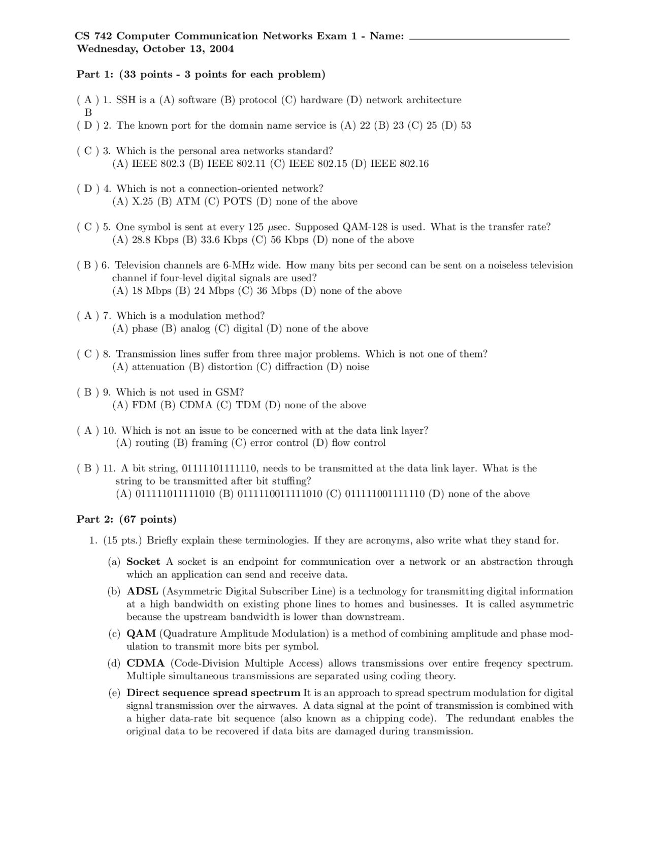 Exam 1 Solved Questions Computer Network Cs 742 Docsity