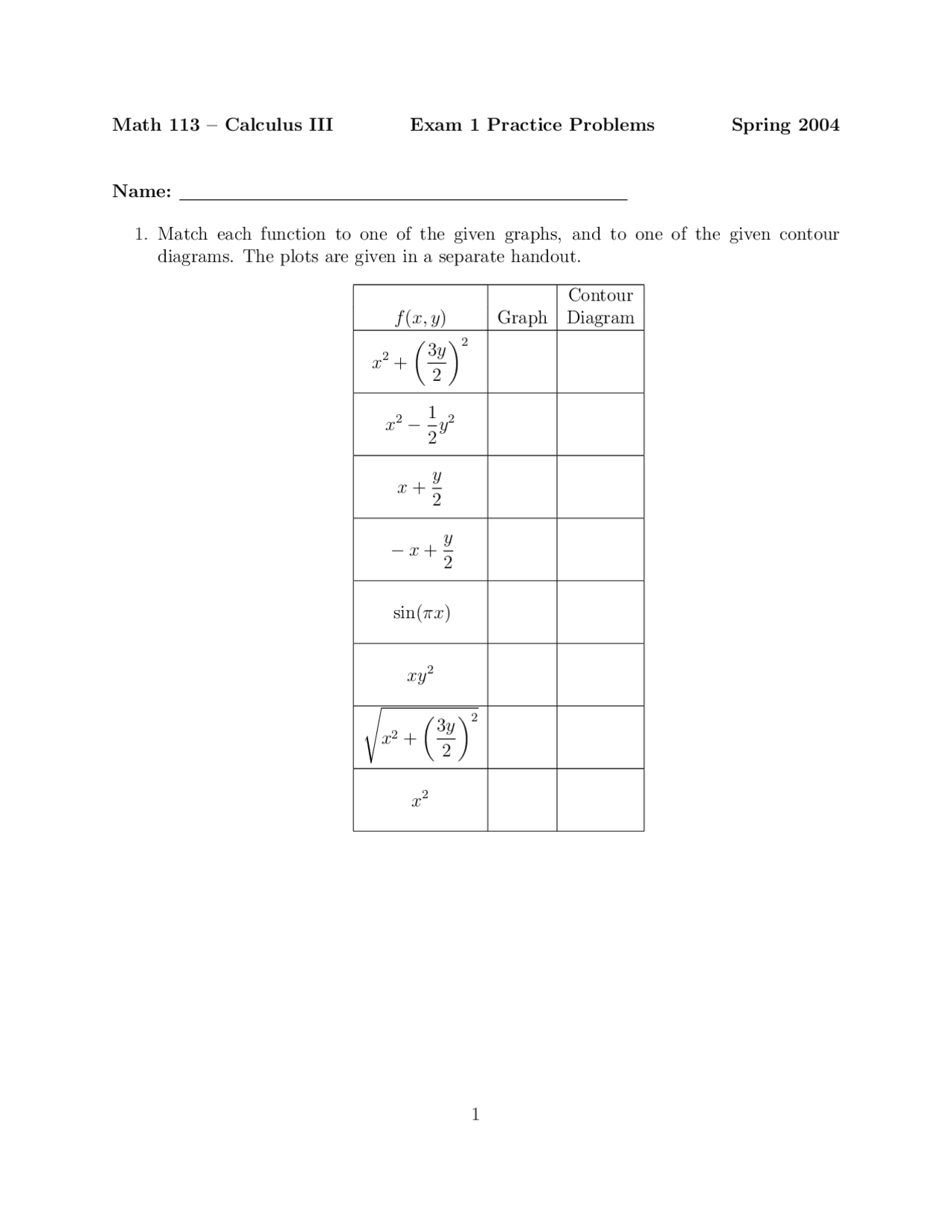 Exam 1 Practice Problems Calculus Iii Multivariable Math 113 Docsity