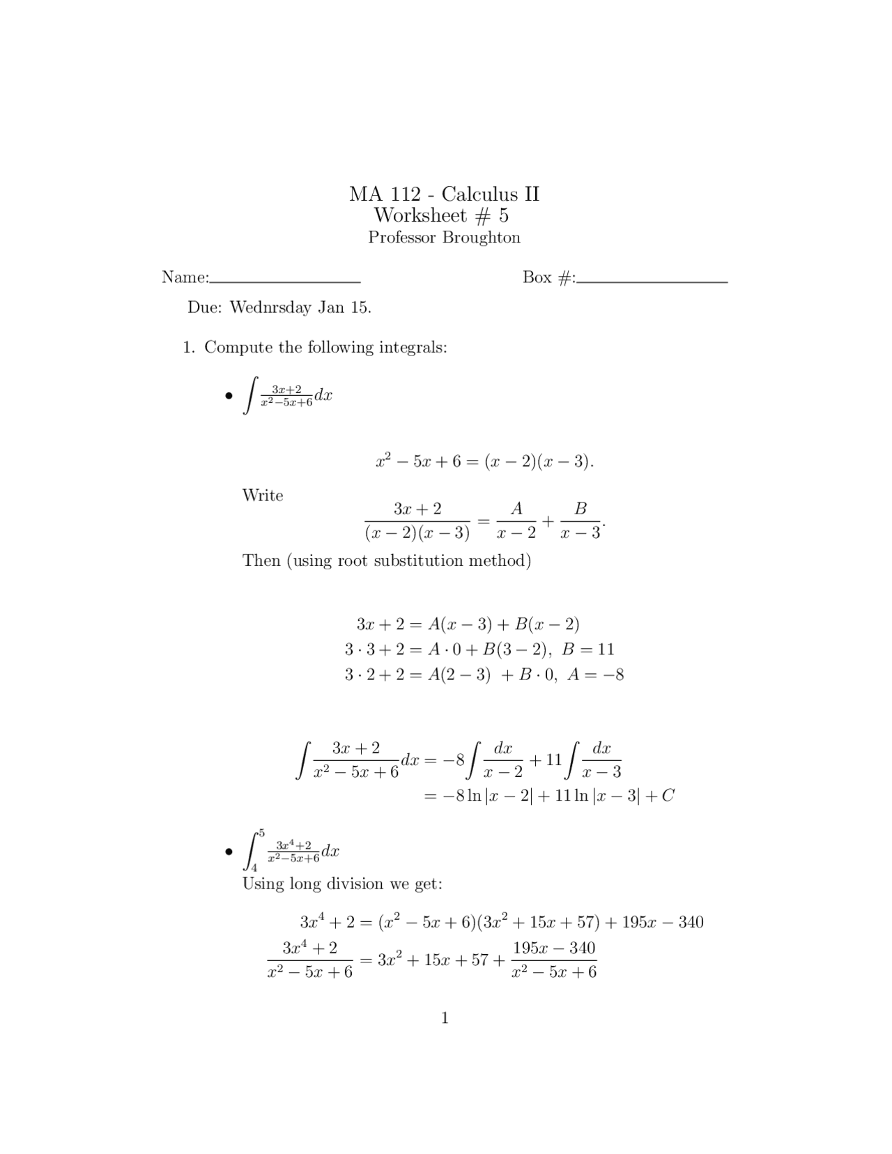 Worksheet 5 Solutions Calculus Ii Ma 112 Docsity