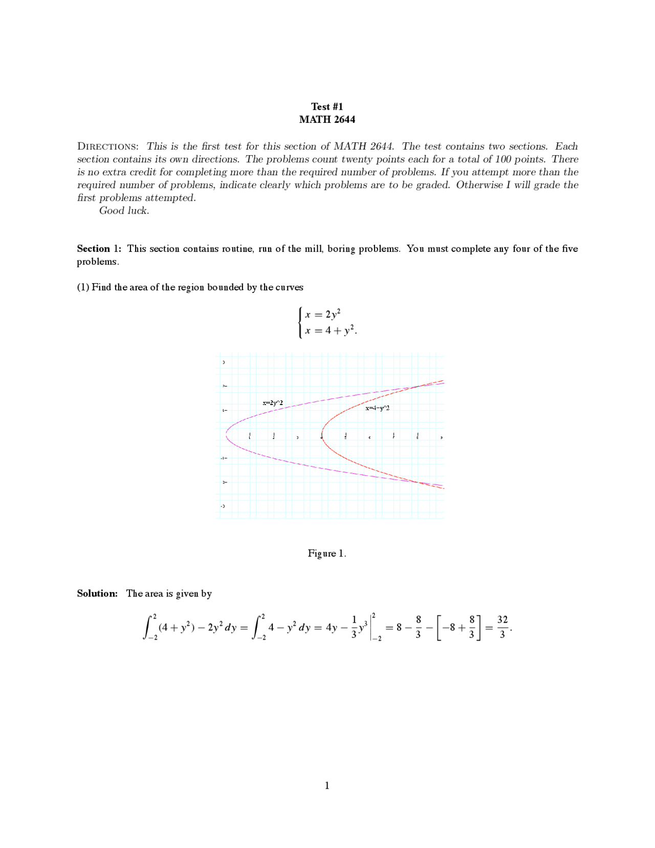 Test 1 With Solution For Calculus Ii Honors Math 2644 Docsity