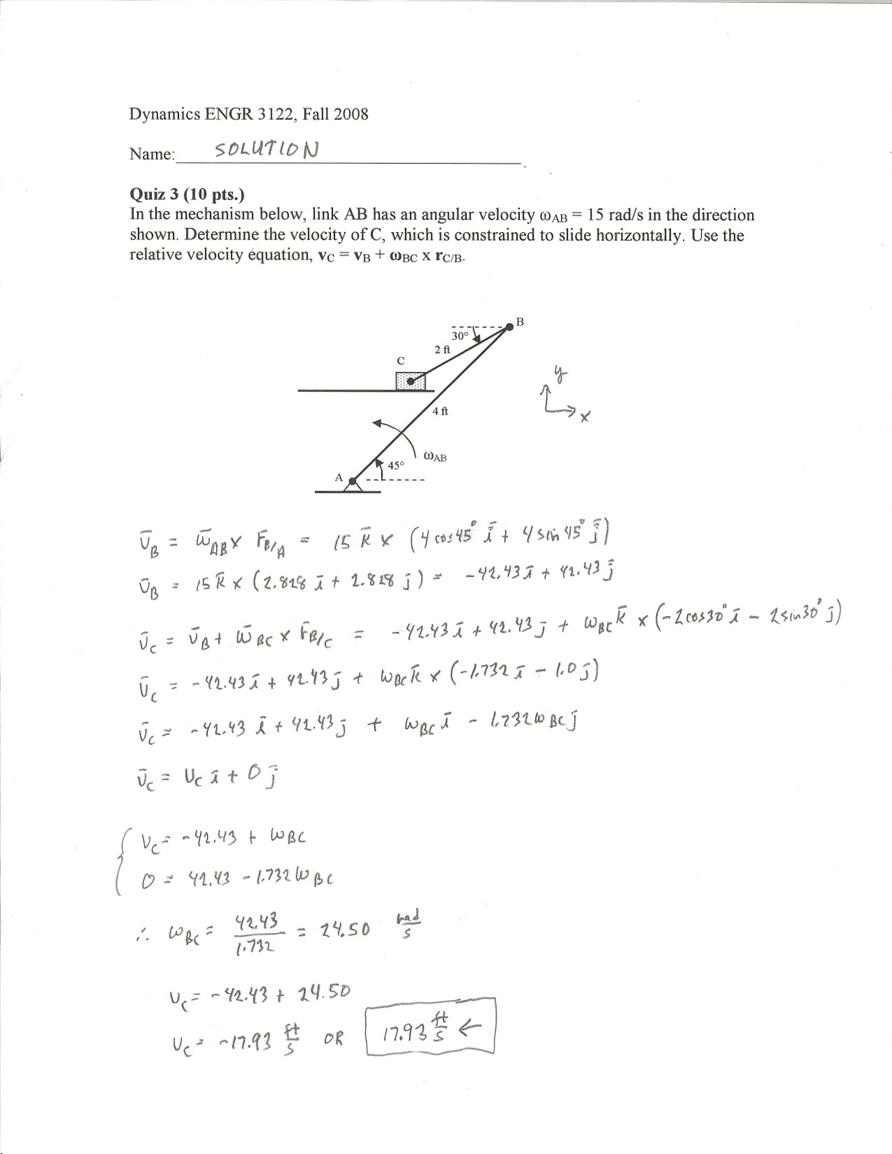 Quiz 3 with Solution for Engineering Mechanics-Dynamics | ENGR 3122 - Docsity
