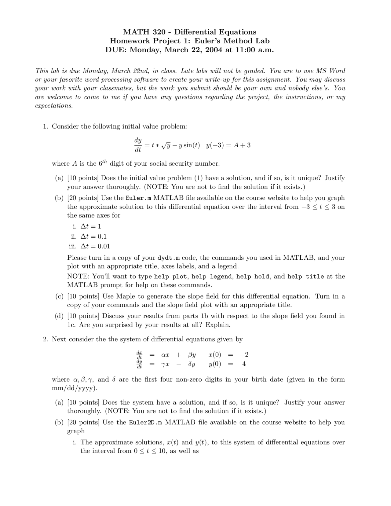 Homework Project 1 Ordinary Differential Equations Math 320 Docsity
