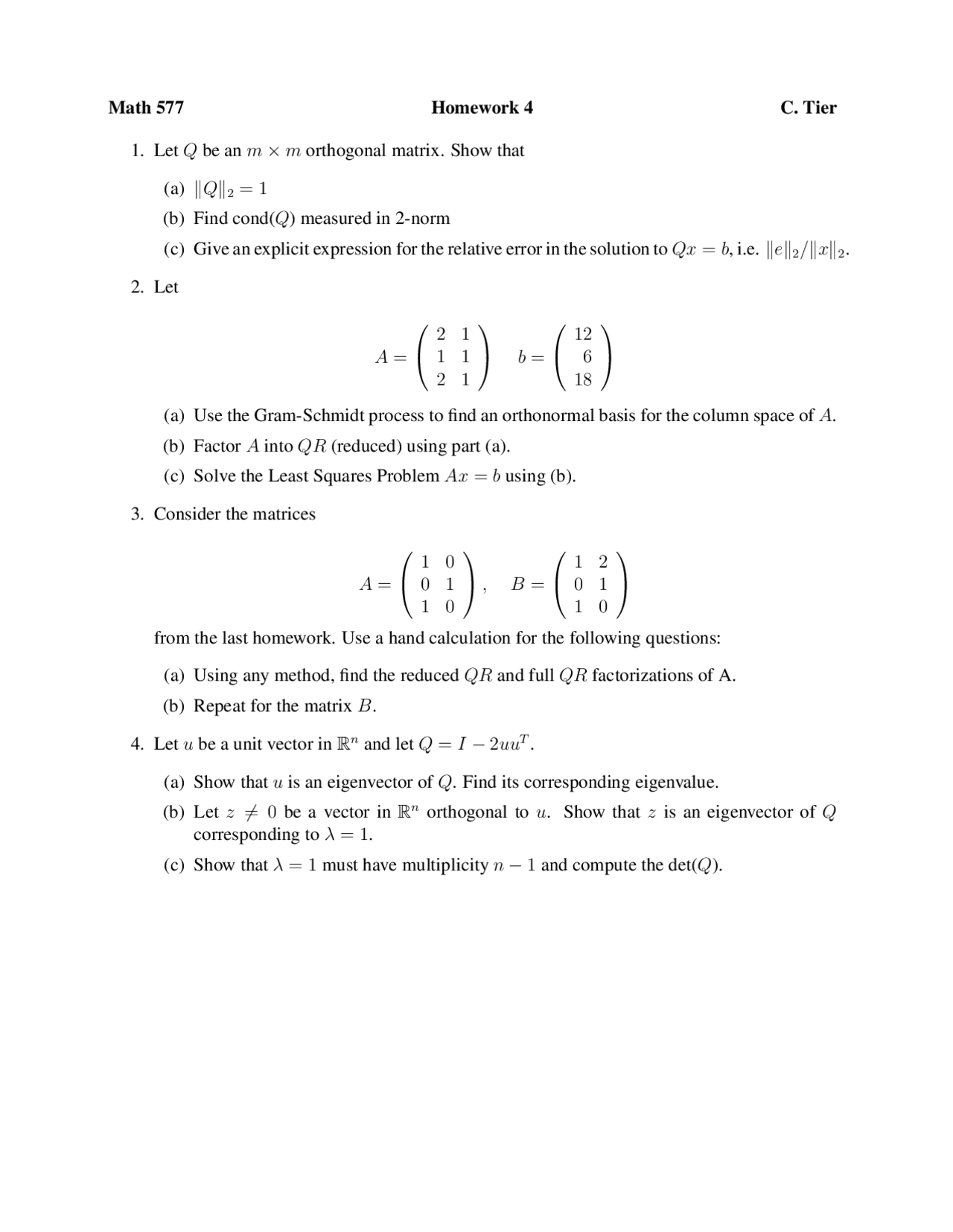 Homework 4 For Computational Mathematics I Math 577 Docsity