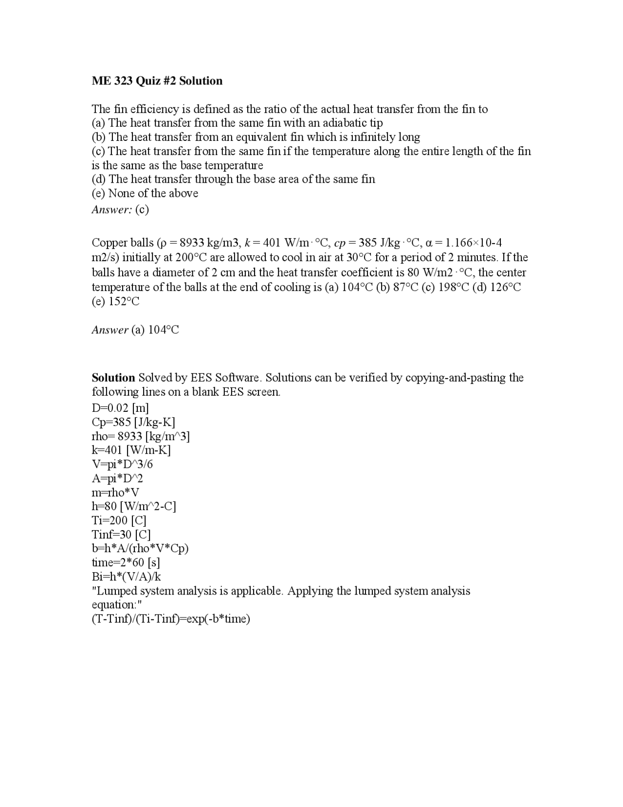Practice Quiz 2 Solutions Heat Transfer Me 323 Docsity