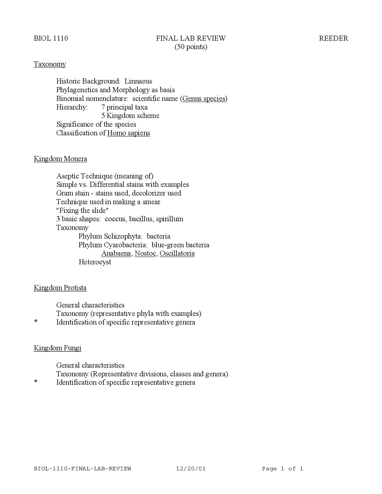 Review Sheet for Final Lab - General Biology I | BIOL 1110 - Docsity