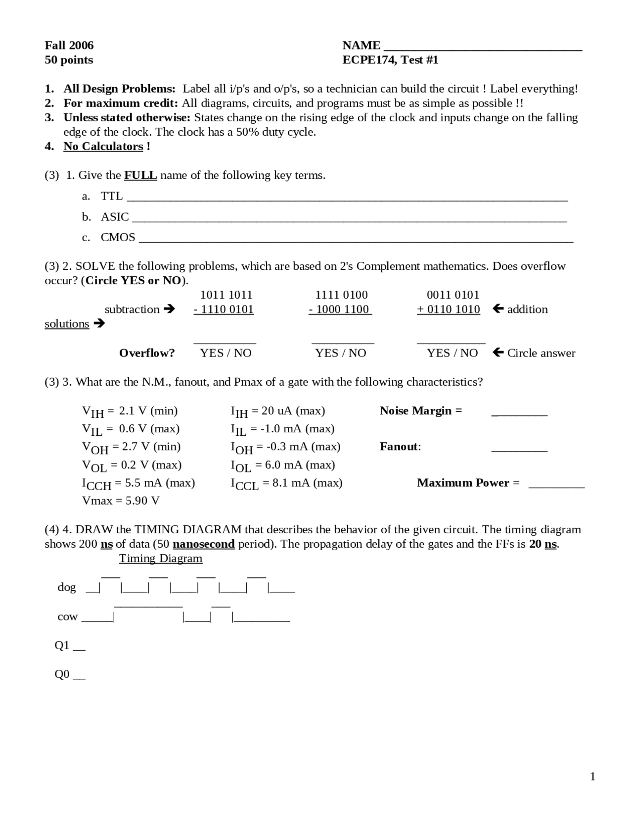 Exam 1 Questions Advanced Digital Design Ecpe 174 Docsity