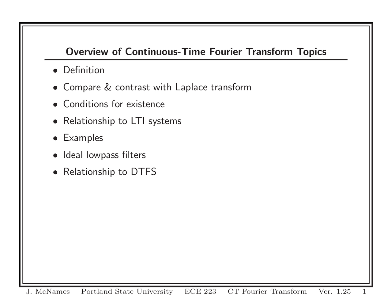Overview Of Continuous Time Fourier Transform Topics Ece 223 Docsity