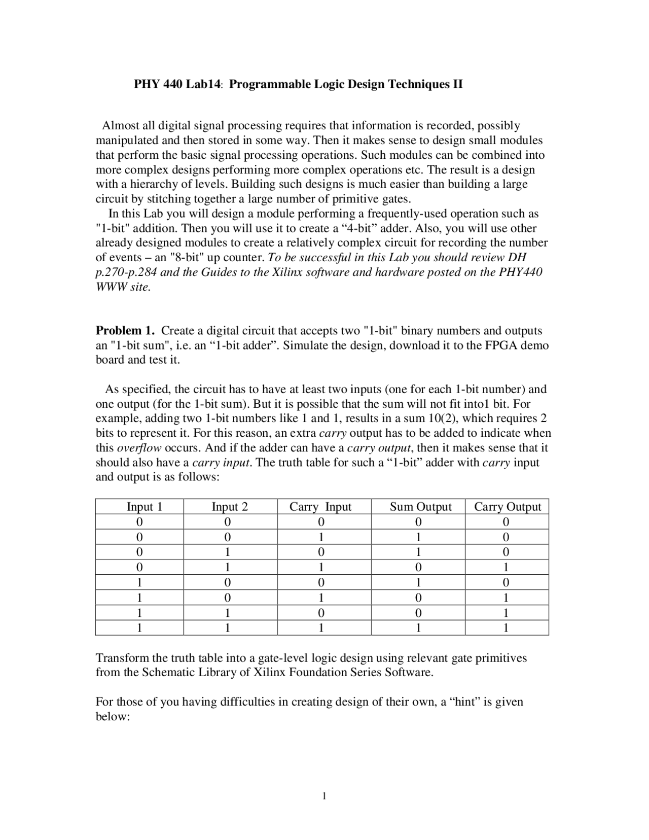 Programmable Logic Design Techniques Ii Lab 14 Phy 440 Docsity