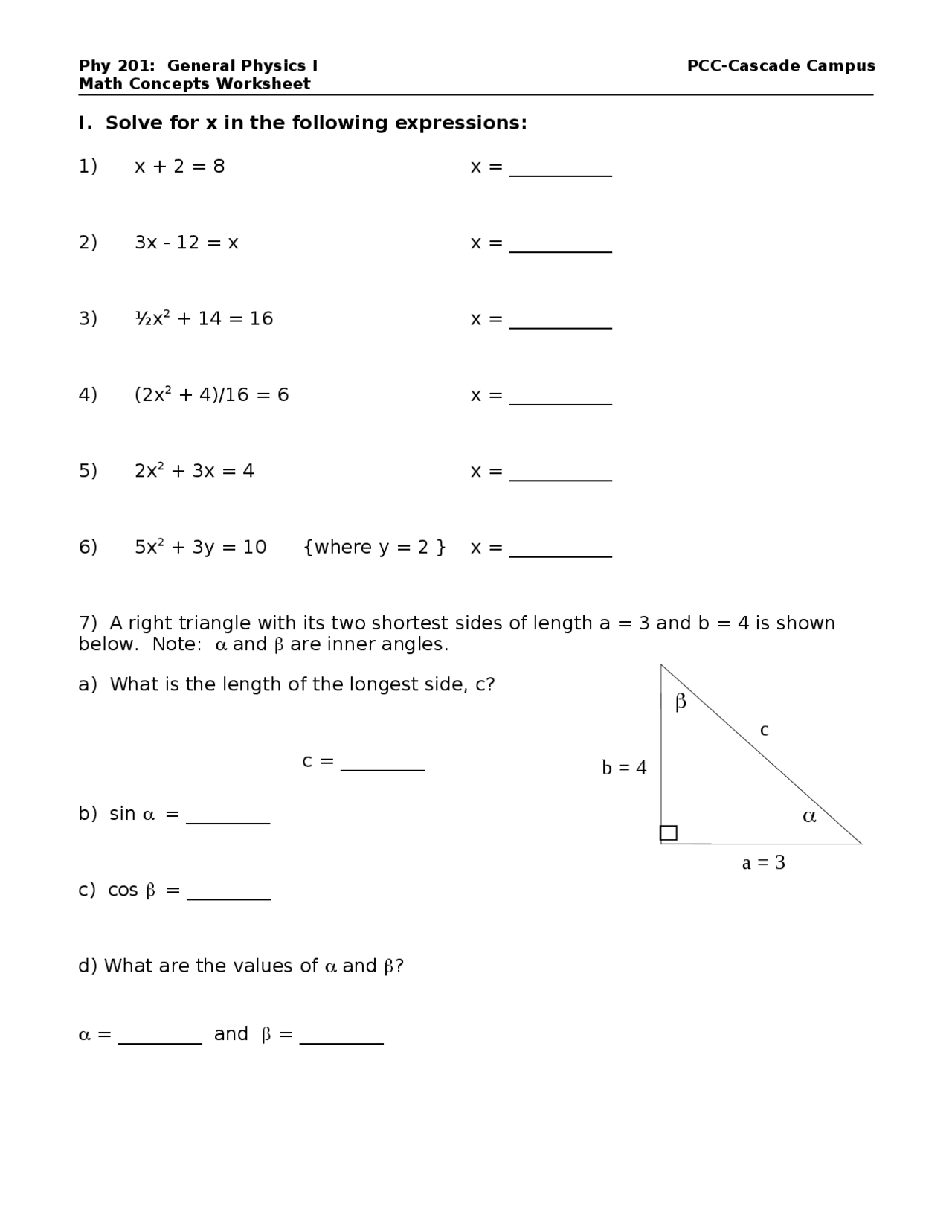 Mathematics Concept Worksheet General Physics Phy 201 Docsity