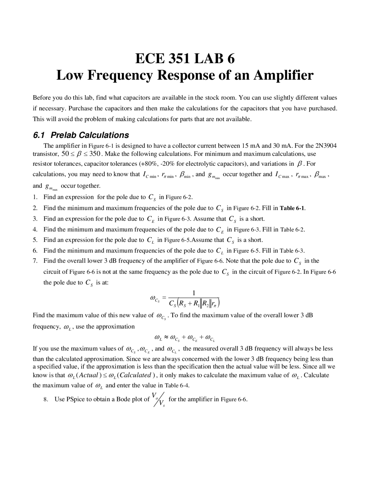 Low Frequency Response Of An Amplifier Laboratory 6 Report Ece 351