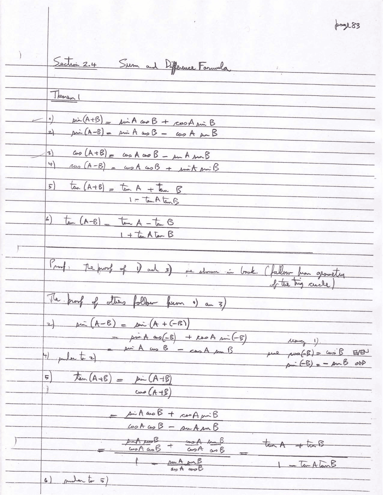 Handwritten Notes on Sum and Difference Formula - Plane Trigonometry ...