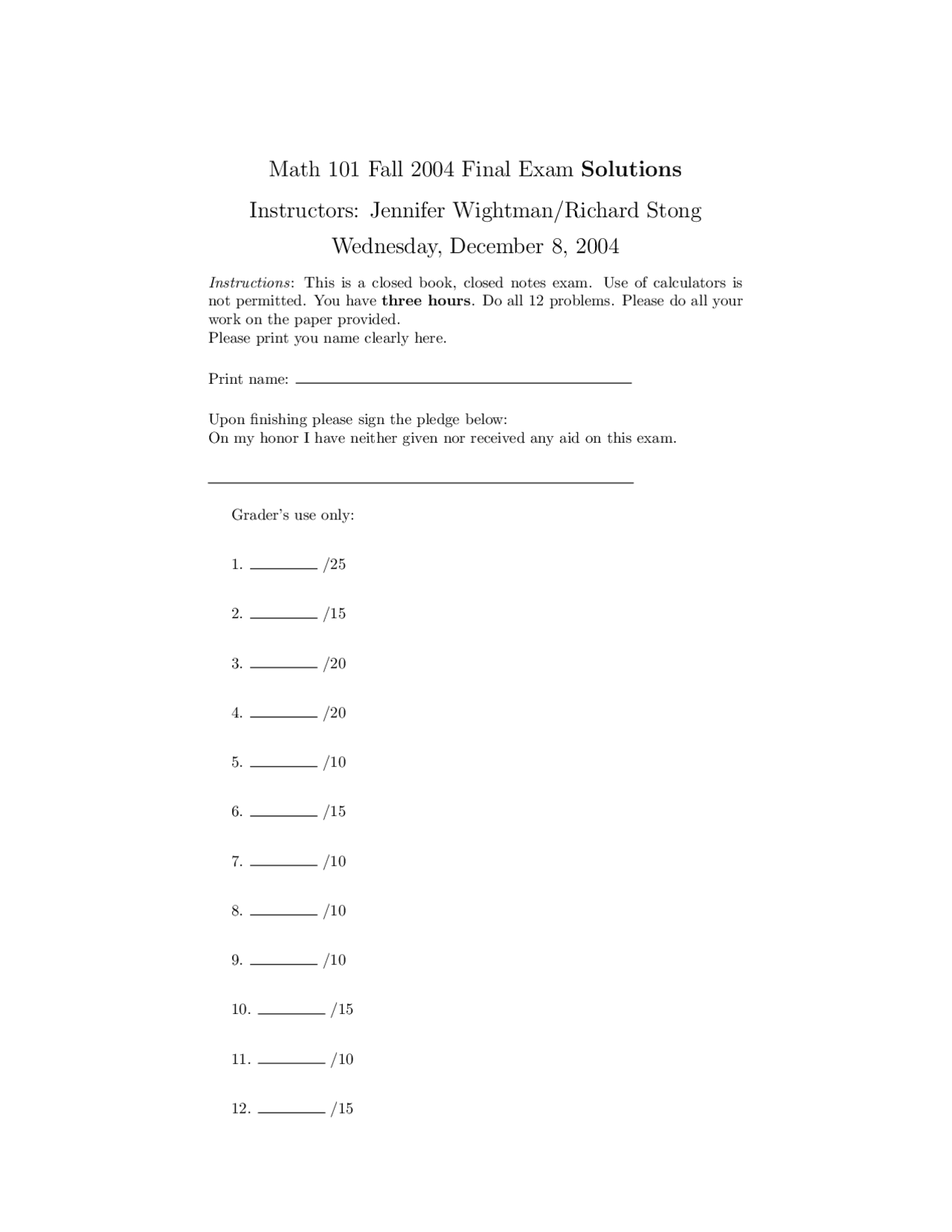 12 Questions With Solution Of Single Variable Calculus I Final Math